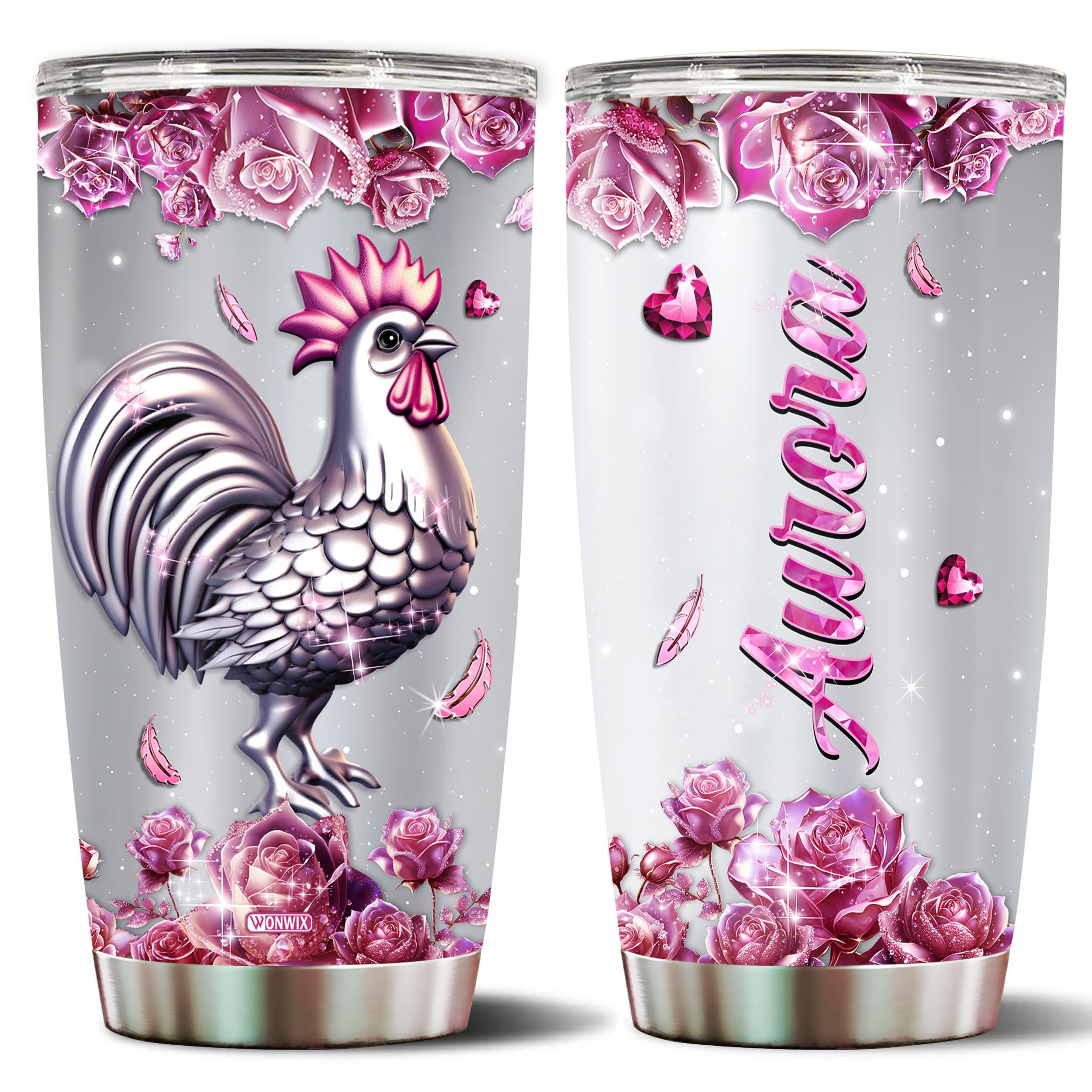 WONWIX Personalized Chicken Coffee Mug For Women Travel Drinking Cups Chickens Gifts For Mom Ladies Jewelry Birthday Christmas Valentine Mothers Day 20oz Stainless Steel Tumblers With Lids