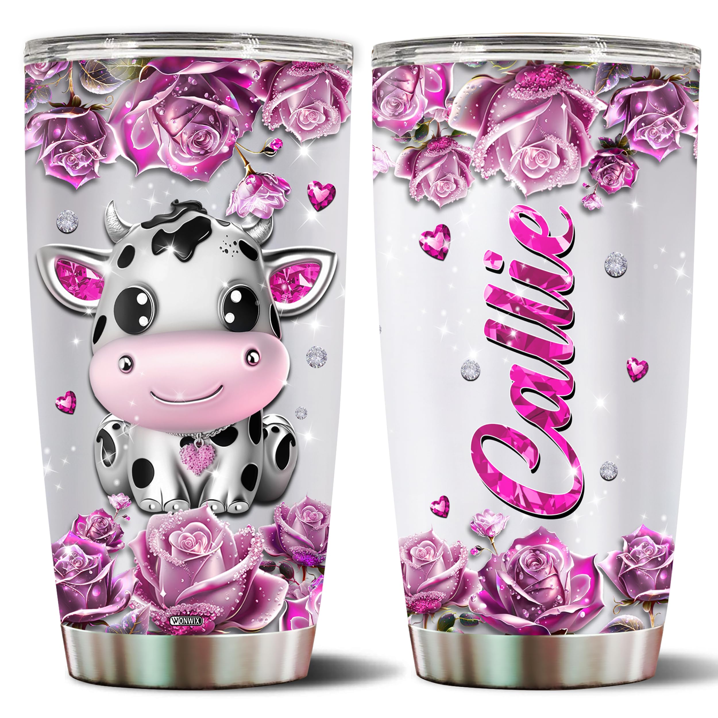 WONWIX Personalized Cow Cup Tumbler Funny Coffee Travel Mug Gifts For Women Cows Lovers Jewelry Birthday Christmas Valentine Mothers Day 20oz Stainless Steel Tumblers With Lids