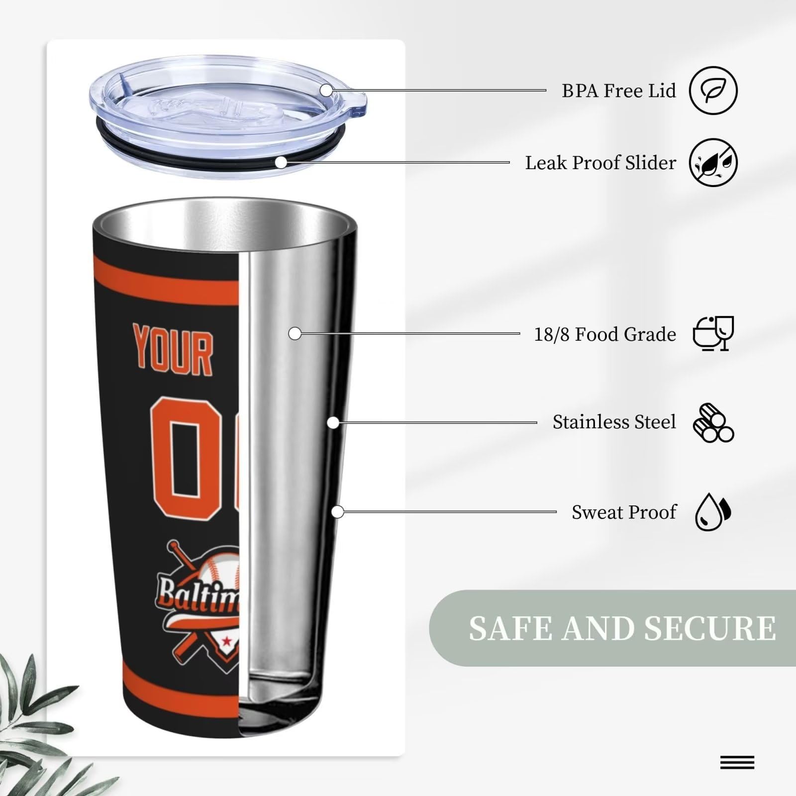 Baltimore Custom Baseball 20oz Tumbler,Add Personalized Name And Number,Personalized Travel Coffee Mug, Stainless Steel, Insulated, Keep Drinks Cold And Hot,Gifts For Baseball Fans