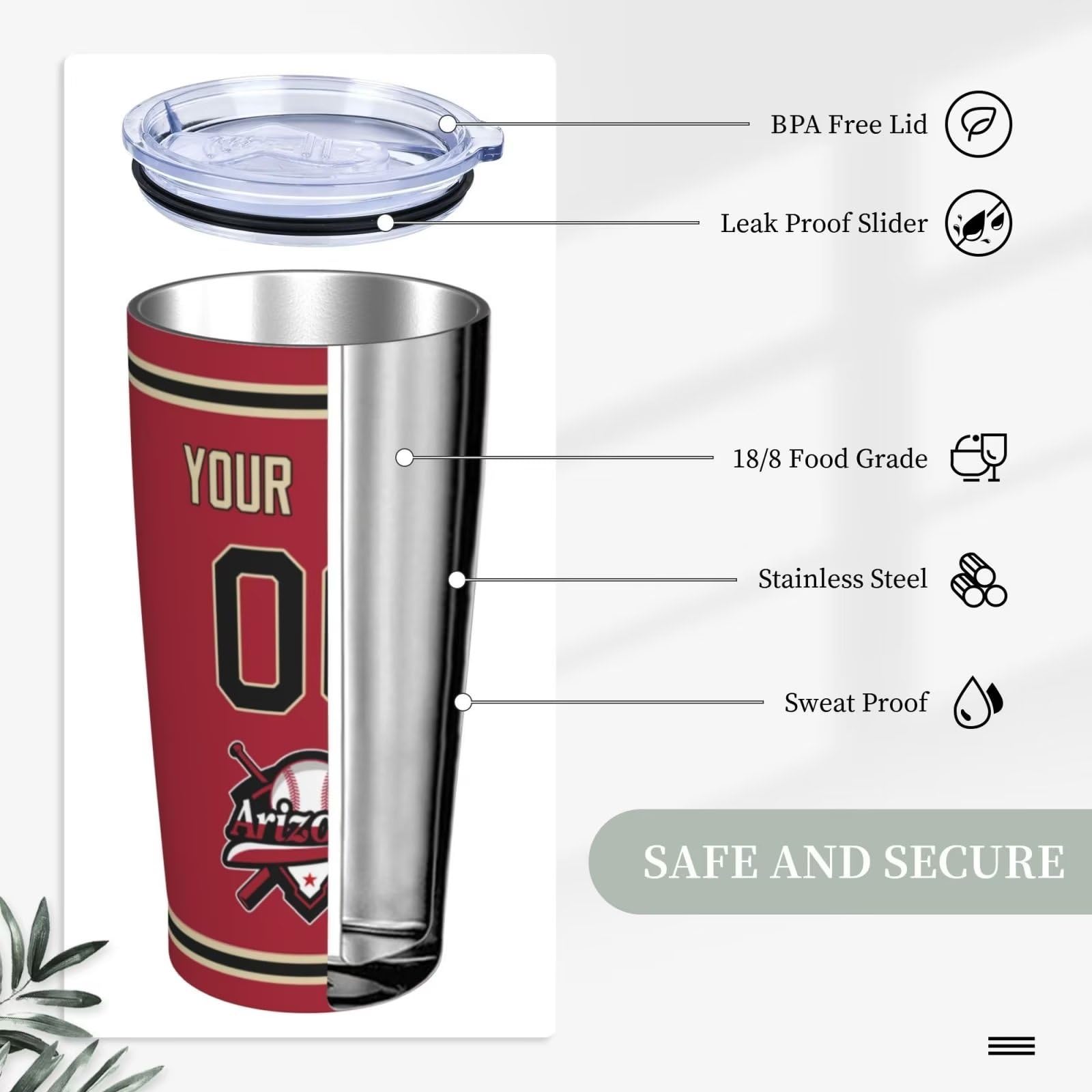 Arizona Custom Baseball 20oz Tumbler,Add Personalized Name And Number,Personalized Travel Coffee Mug, Stainless Steel, Insulated, Keep Drinks Cold And Hot,Gifts For Baseball Fans