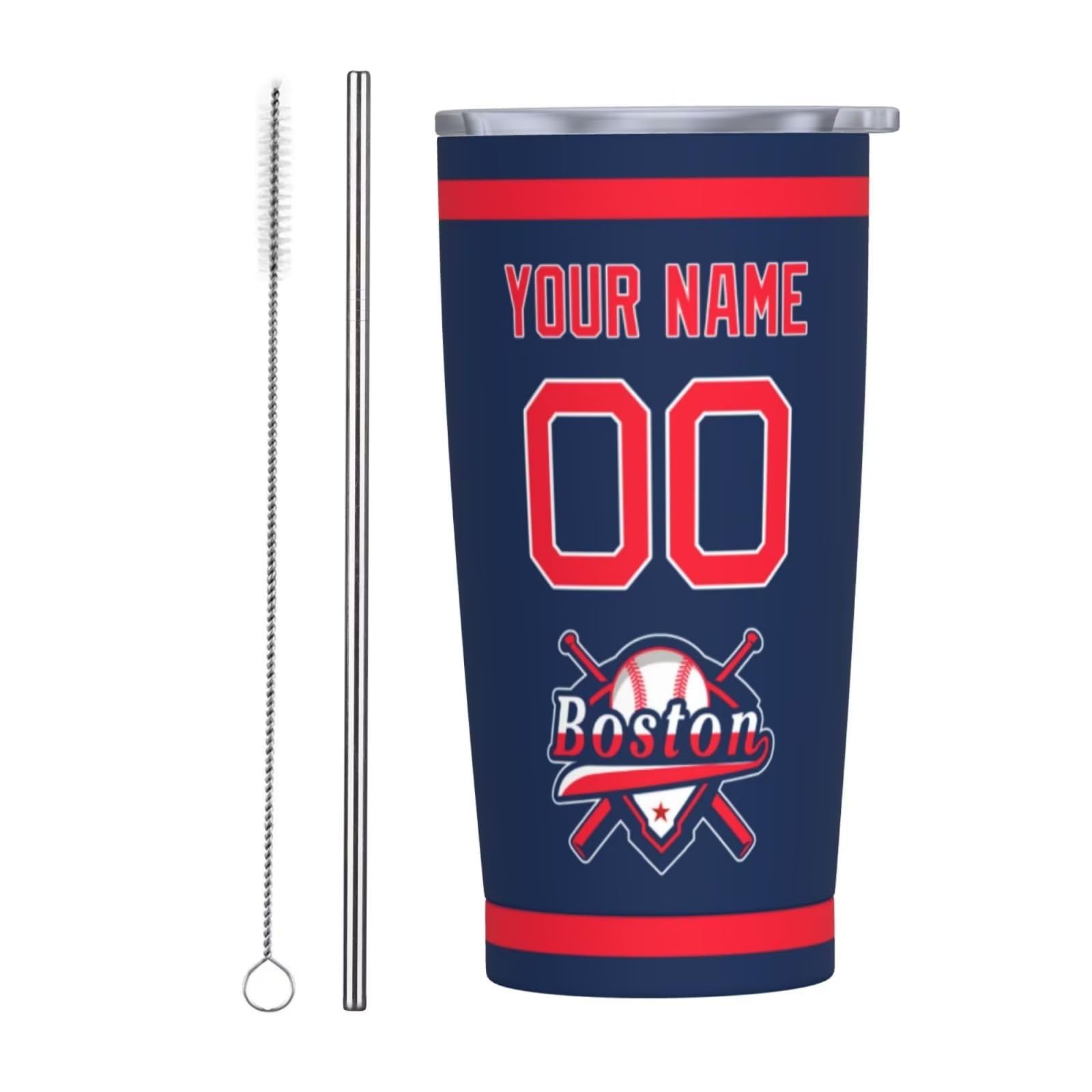 Boston Custom Baseball 20oz Tumbler,Add Personalized Name And Number,Personalized Travel Coffee Mug, Stainless Steel, Insulated, Keep Drinks Cold And Hot,Gifts For Baseball Fans
