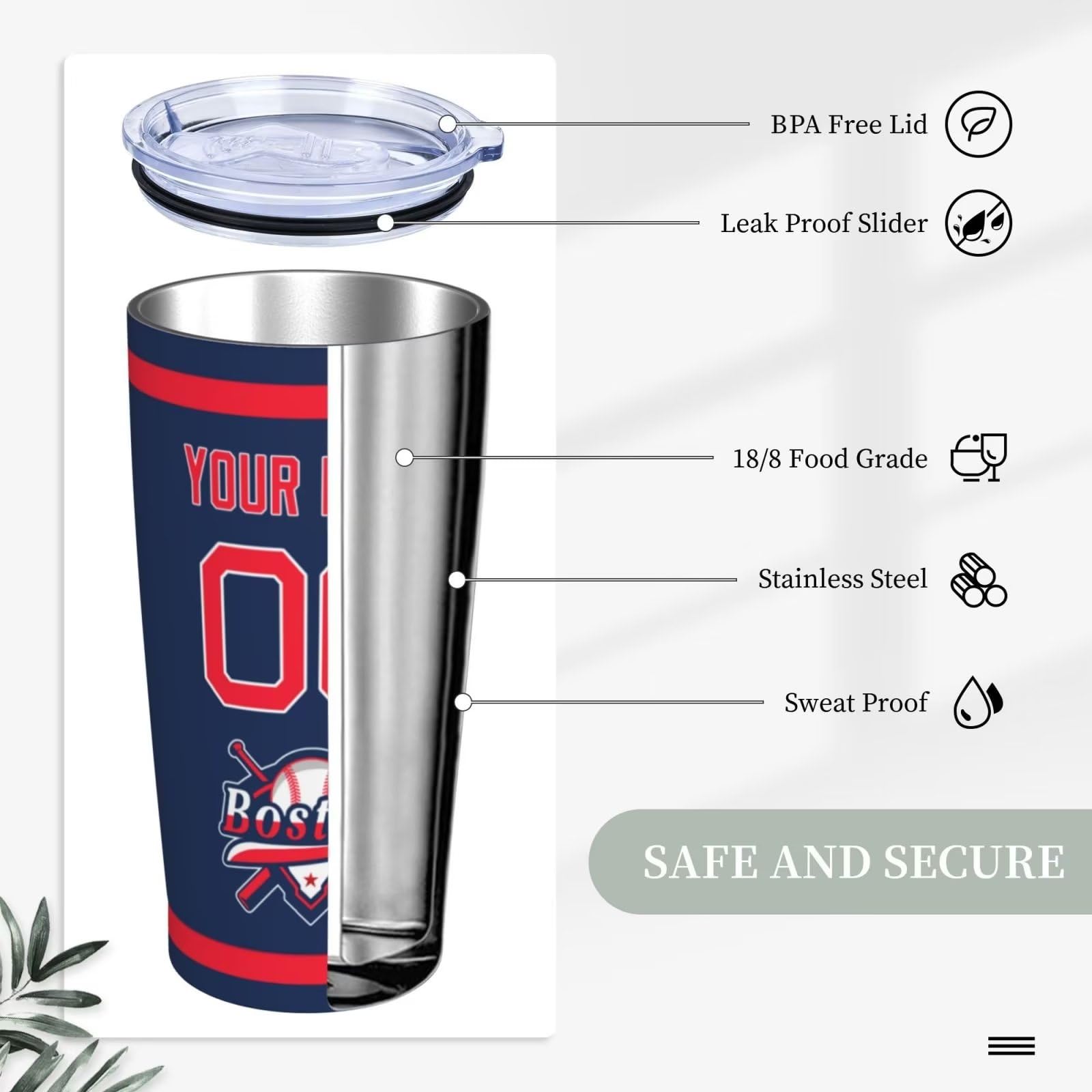 Boston Custom Baseball 20oz Tumbler,Add Personalized Name And Number,Personalized Travel Coffee Mug, Stainless Steel, Insulated, Keep Drinks Cold And Hot,Gifts For Baseball Fans