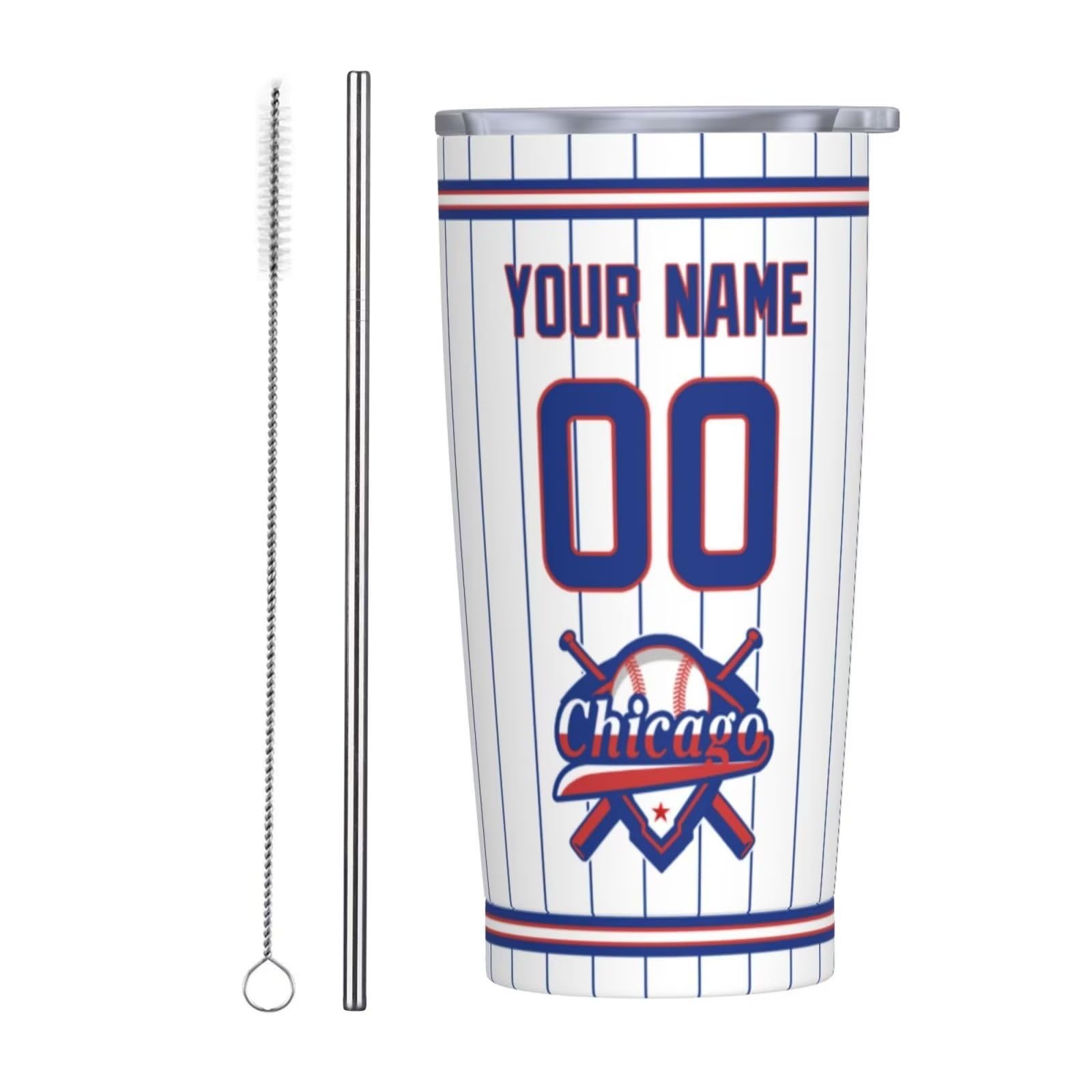 Chicago Custom Baseball 20oz Tumbler,Add Personalized Name And Number,Personalized Travel Coffee Mug, Stainless Steel, Insulated, Keep Drinks Cold And Hot,Gifts For Baseball Fans