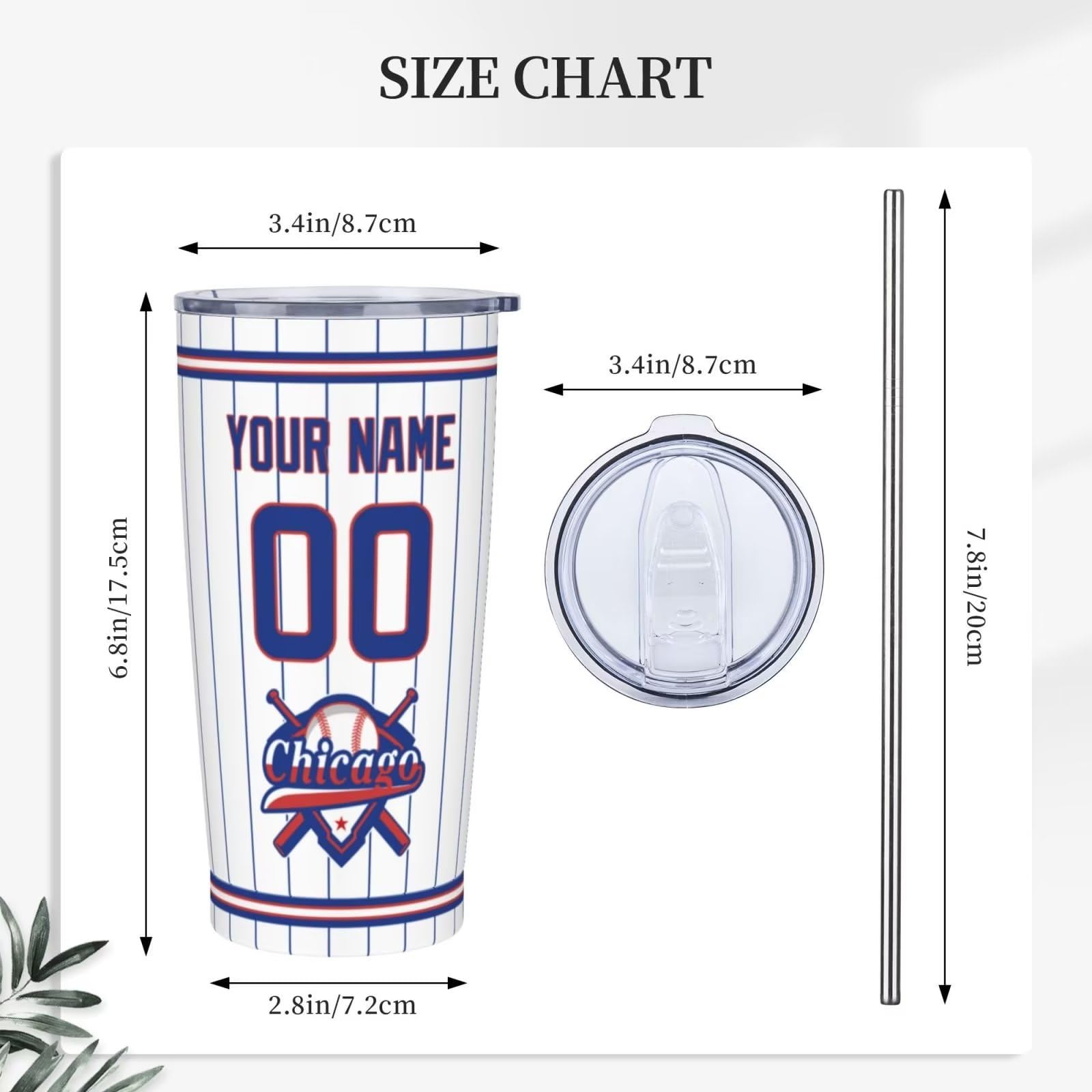 Chicago Custom Baseball 20oz Tumbler,Add Personalized Name And Number,Personalized Travel Coffee Mug, Stainless Steel, Insulated, Keep Drinks Cold And Hot,Gifts For Baseball Fans