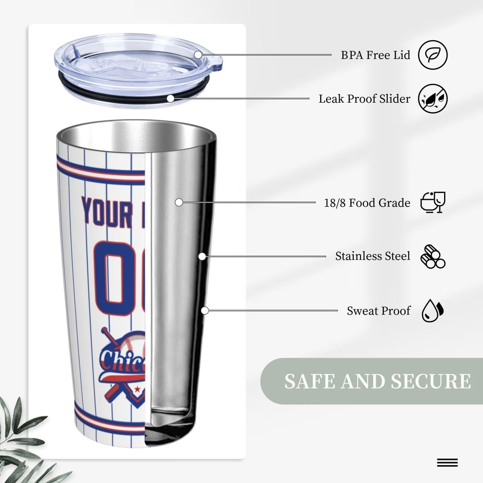 Chicago Custom Baseball 20oz Tumbler,Add Personalized Name And Number,Personalized Travel Coffee Mug, Stainless Steel, Insulated, Keep Drinks Cold And Hot,Gifts For Baseball Fans