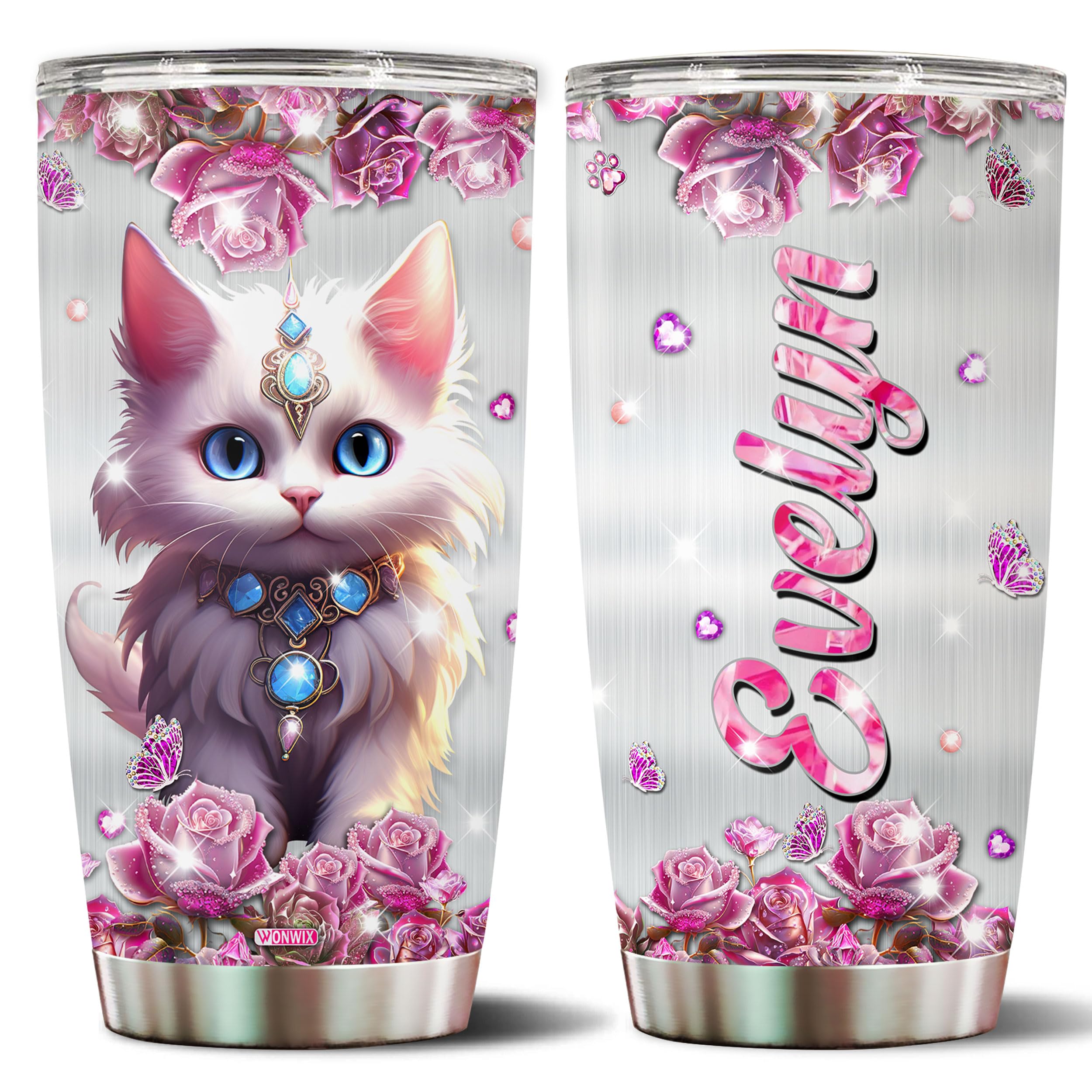 WONWIX Personalized Cat Coffee Mug Cups Gifts For Women Mom Daughter Cats Water Bottle Mothers Day Birthday Christmas Valentine Jewelry Style 20oz Stainless Steel Thermos Tumbler Cup With Lid