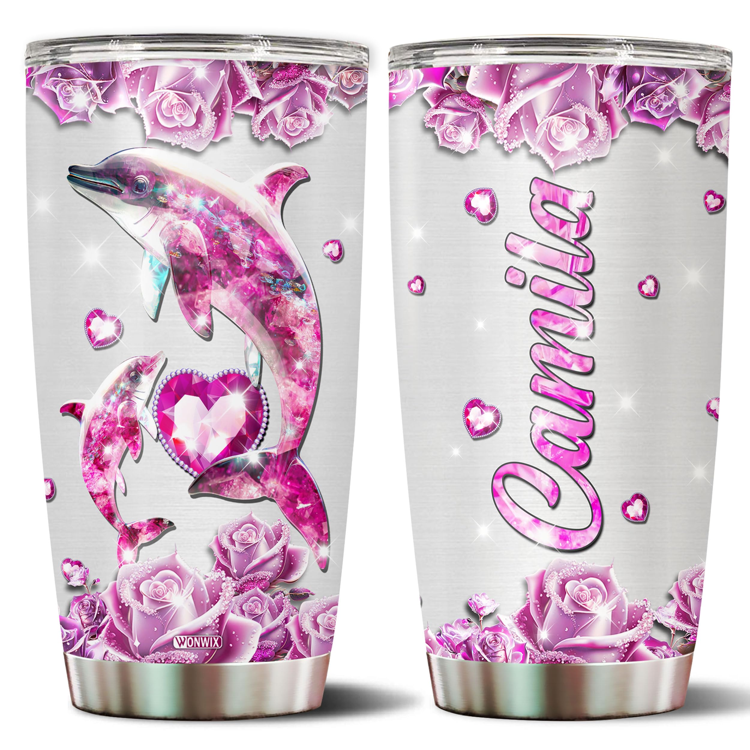 WONWIX Personalized Dolphins Tumbler Coffee Mug Gifts For Her Mom Adults Dolphin Jewelry For Women Birthday Christmas Valentine Mothers Day 20oz Stainless Steel Thermos Tumblers With Lids