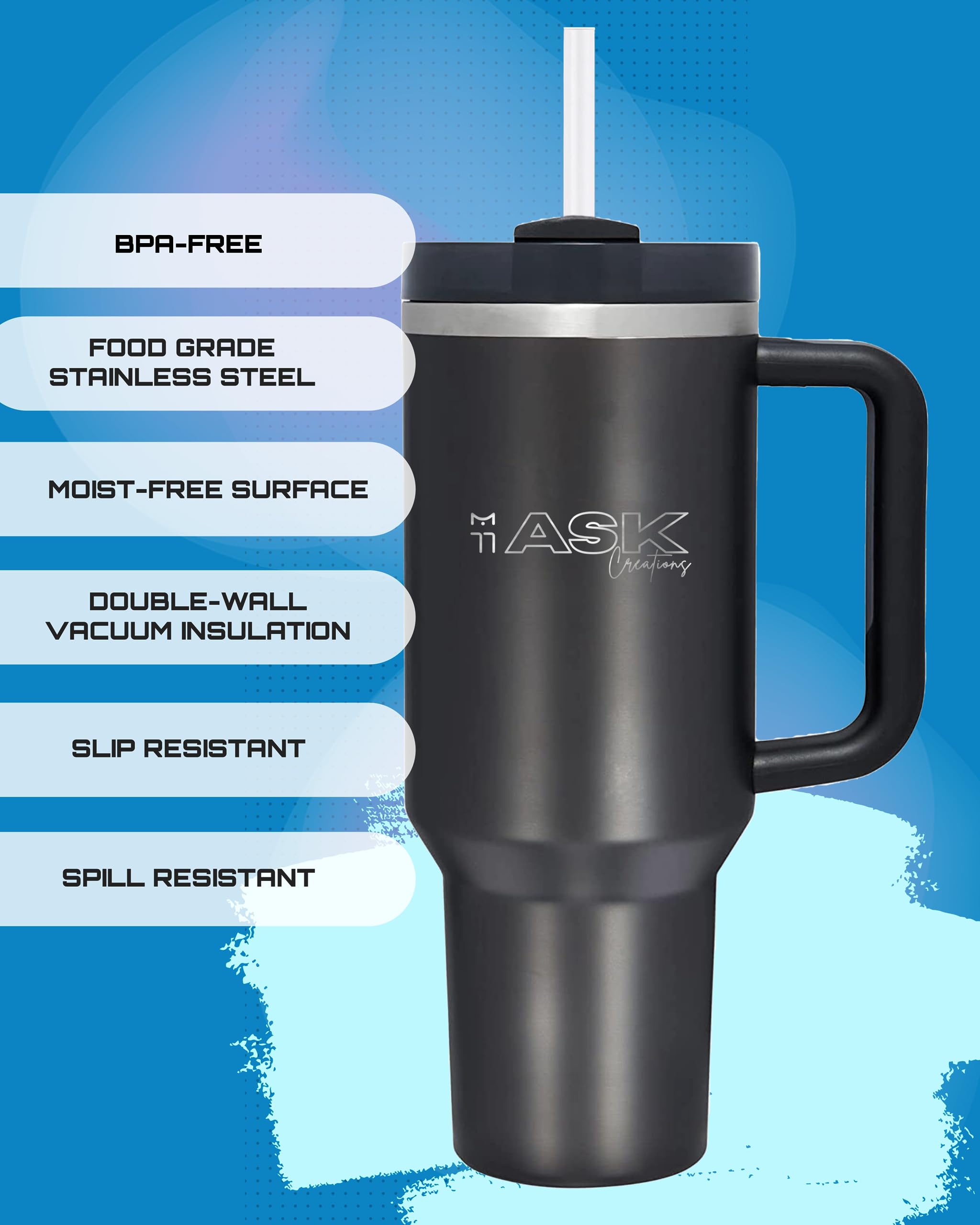 Ask HydroQuench 2.0 40oz /1183 ml Tumbler - Insulated Stainless Steel Travel Mug with reusable Straw, and Silicone Boot. (Black)