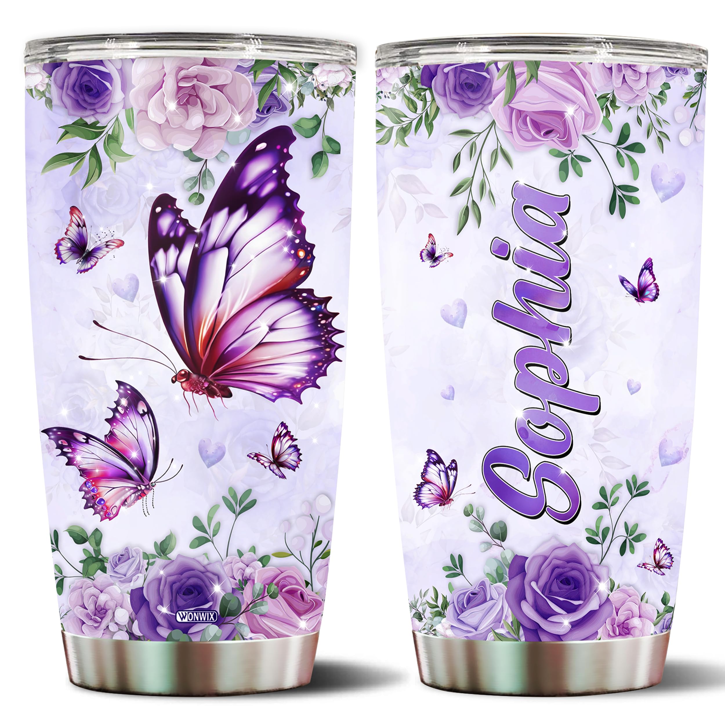 WONWIX Personalized Purple Butterfly Coffee Mugs For Girls Mom Women Adults Butterflies Lovers Water Bottle Travel Mug Mothers Day Birthday Christmas Valentine 20oz Stainless Steel Cup With Lid