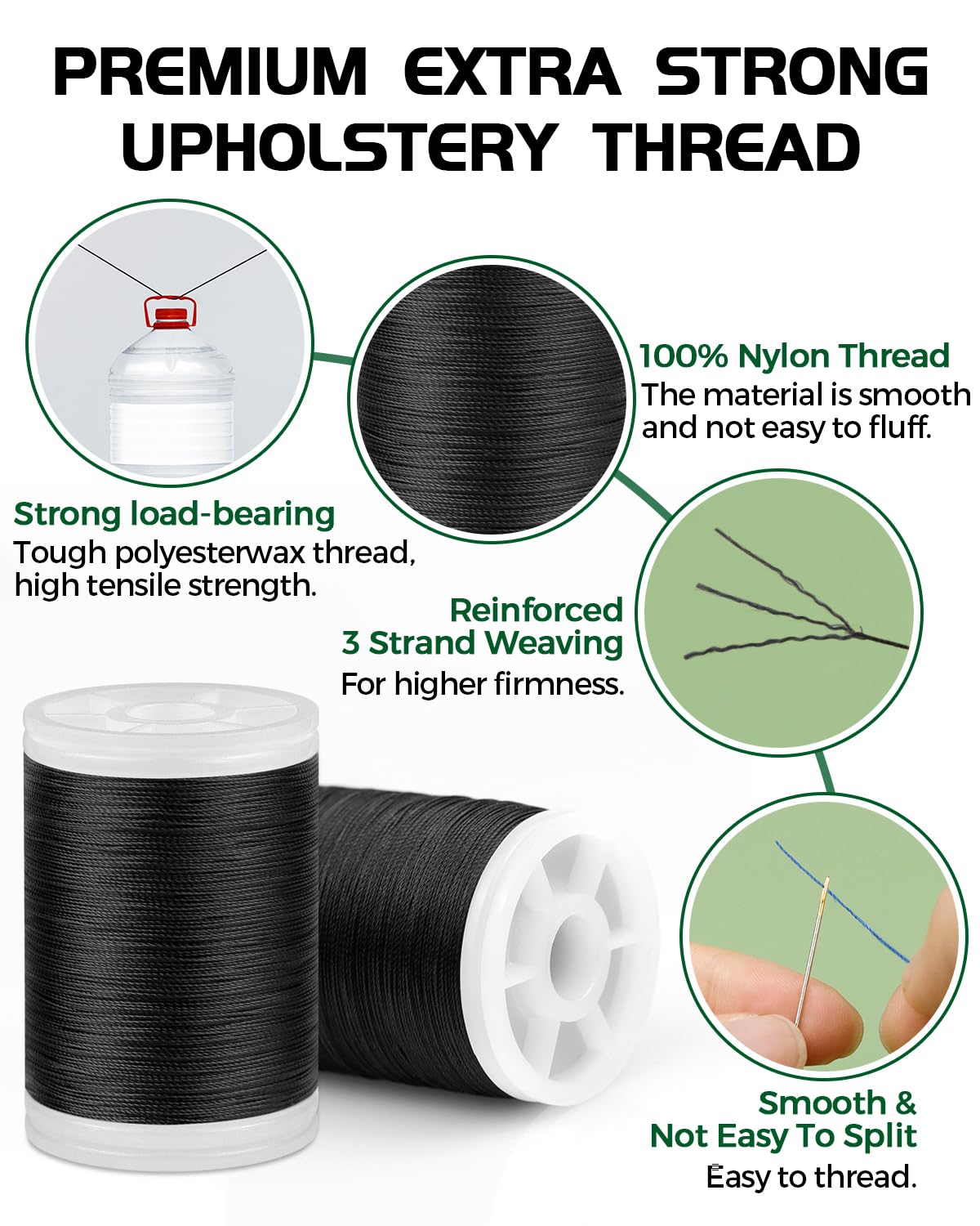 330 Yards FIVEIZERO Extra Strong Upholstery Thread,Black Bonded Nylon Thread for Denim Leather,Craft,Machine,DIY and Home (2 Pack) CJ