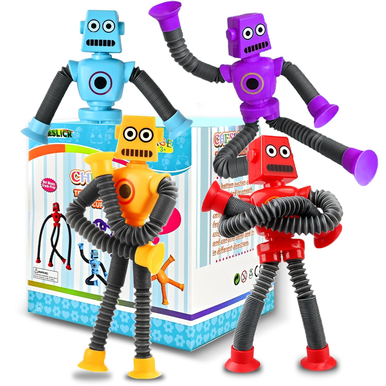 Easter Basket Stuffer Gift Robot Sensory Travel Toys 4Pcs for Toddlers Kid Boy Year Old Ages 3 4 5 6 7 8 9, Airplane Activities Suction Autism Pop Tube Fidget Toys Autistic Stocking Valentine for Kids