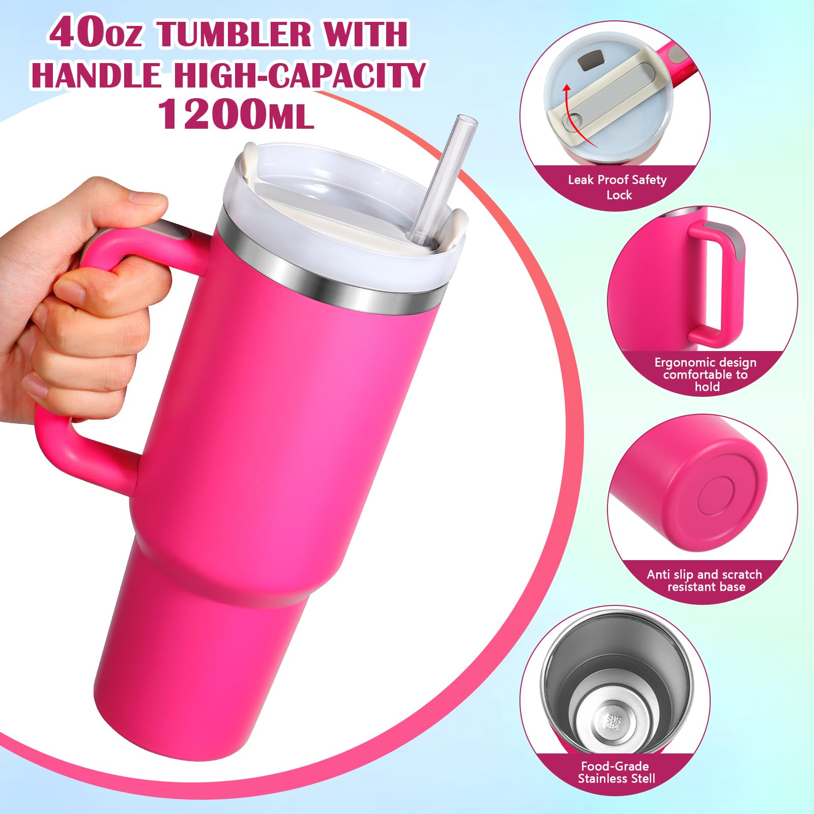 BELYQLY New Version 40oz Stainless Steel Vacuum Insulated Tumbler with Lid and Straw for Water, Smoothie and More, Iced Tea or Coffee (Pink)