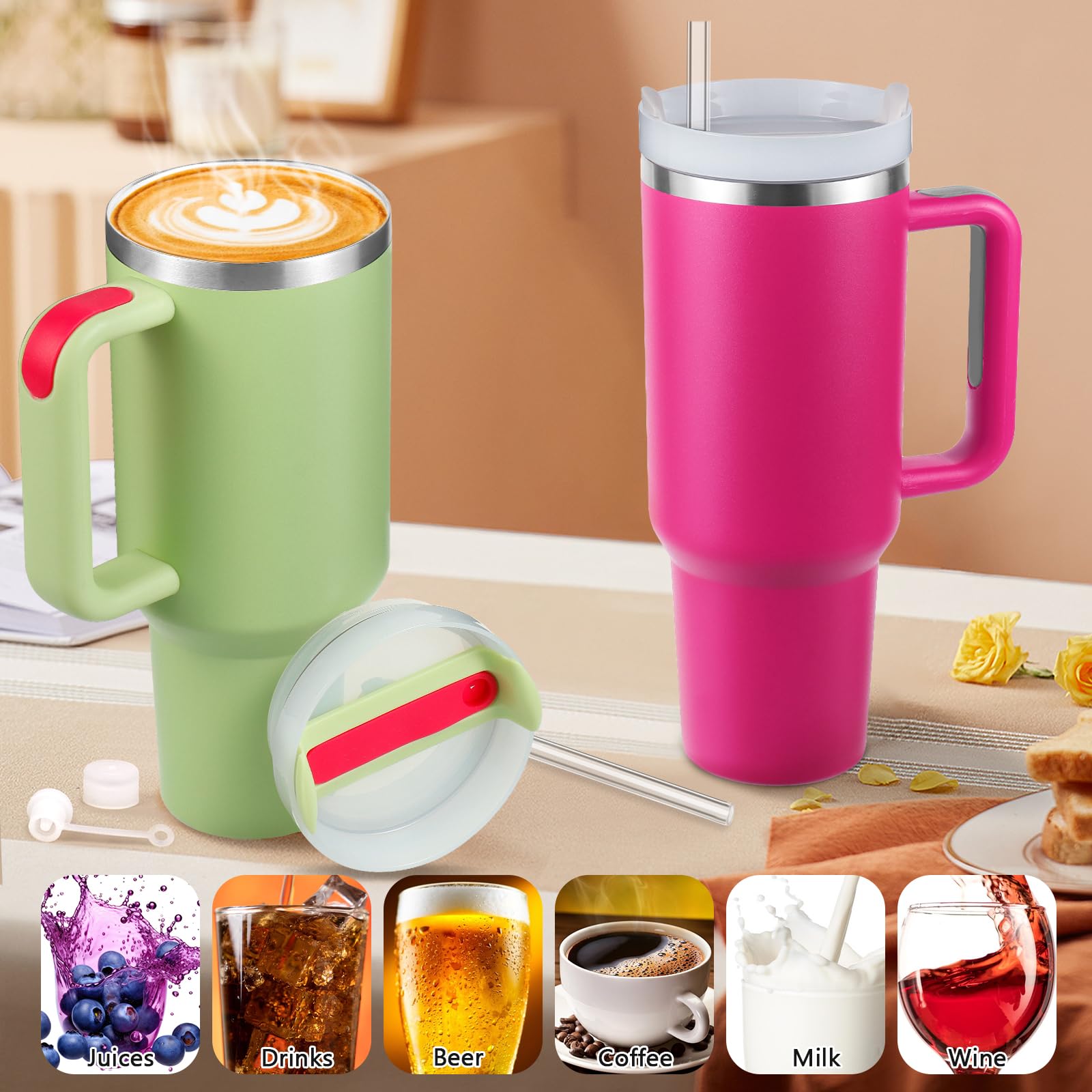 BELYQLY New Version 40oz Stainless Steel Vacuum Insulated Tumbler with Lid and Straw for Water, Smoothie and More, Iced Tea or Coffee (Pink)