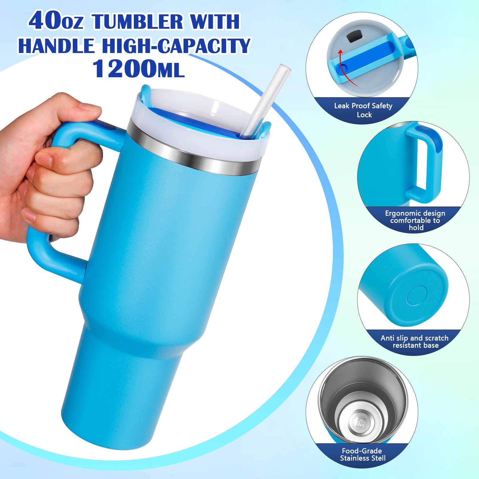 BELYQLY New Version 40oz Stainless Steel Vacuum Insulated Tumbler with Lid and Straw for Water, Smoothie and More, Iced Tea or Coffee (Pool Blue)