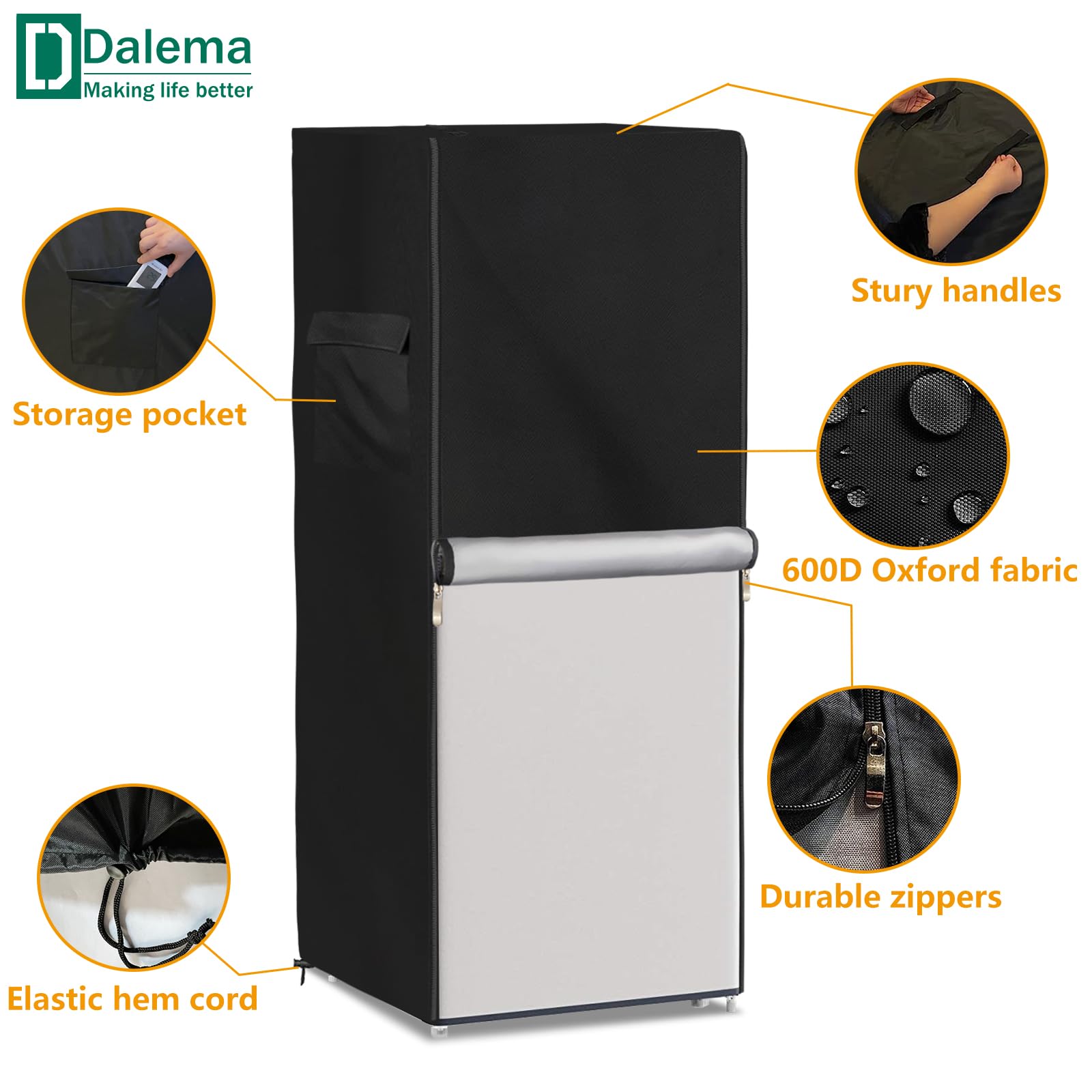 Dalema Outdoor Refrigerator Cover,600D Heavy Duty 100% Waterproof Upright Freezer Cover,Outside Stand Up Fridge Covers.Front Can Be Rolled-Up by Zippers.(Black,23" W x 23" D x 56" H)