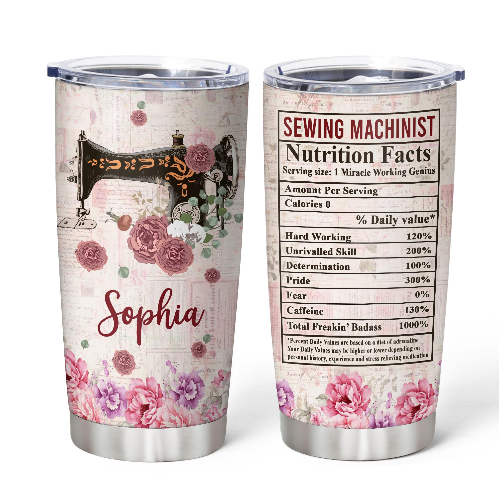 Hyturtle Personalized Gifts For Sewing Lover - Sewing Mechanic Nutrition Facts Custom Stainless Steel Tumbler 20 oz With Lid - Idea Quilting Crochet Lover Gifts For Women, Girl On Birthday, Christmas