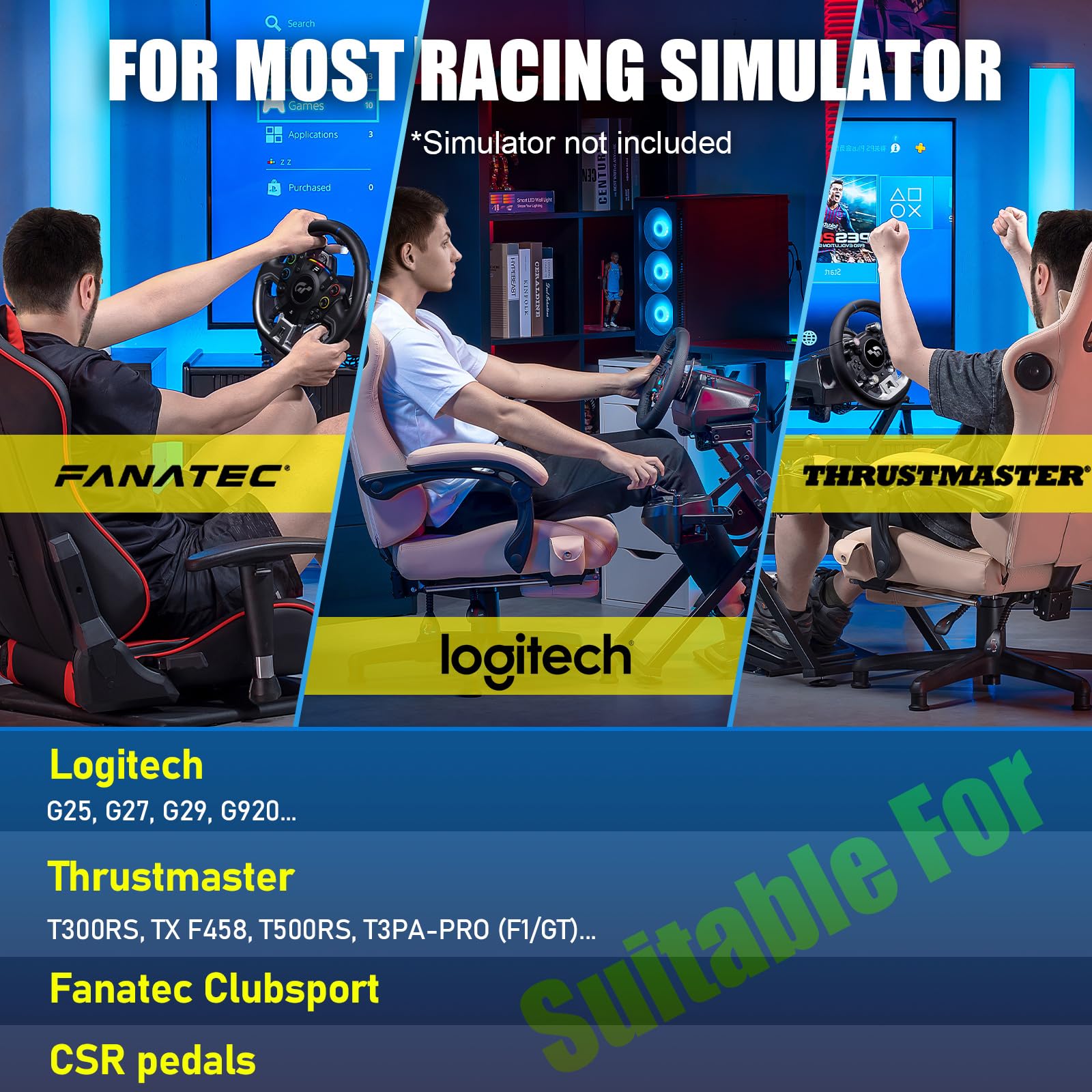 GTPLAYER Sim Racing Wheel Stand Simulator Cockpit Wheel Stand Racing Steering Shifter Mount fit for Logitech G25 G27 G29 G920 G923 Thrustmaster T330TS Gaming Stand Wheel Pedals NOT Included (Black)