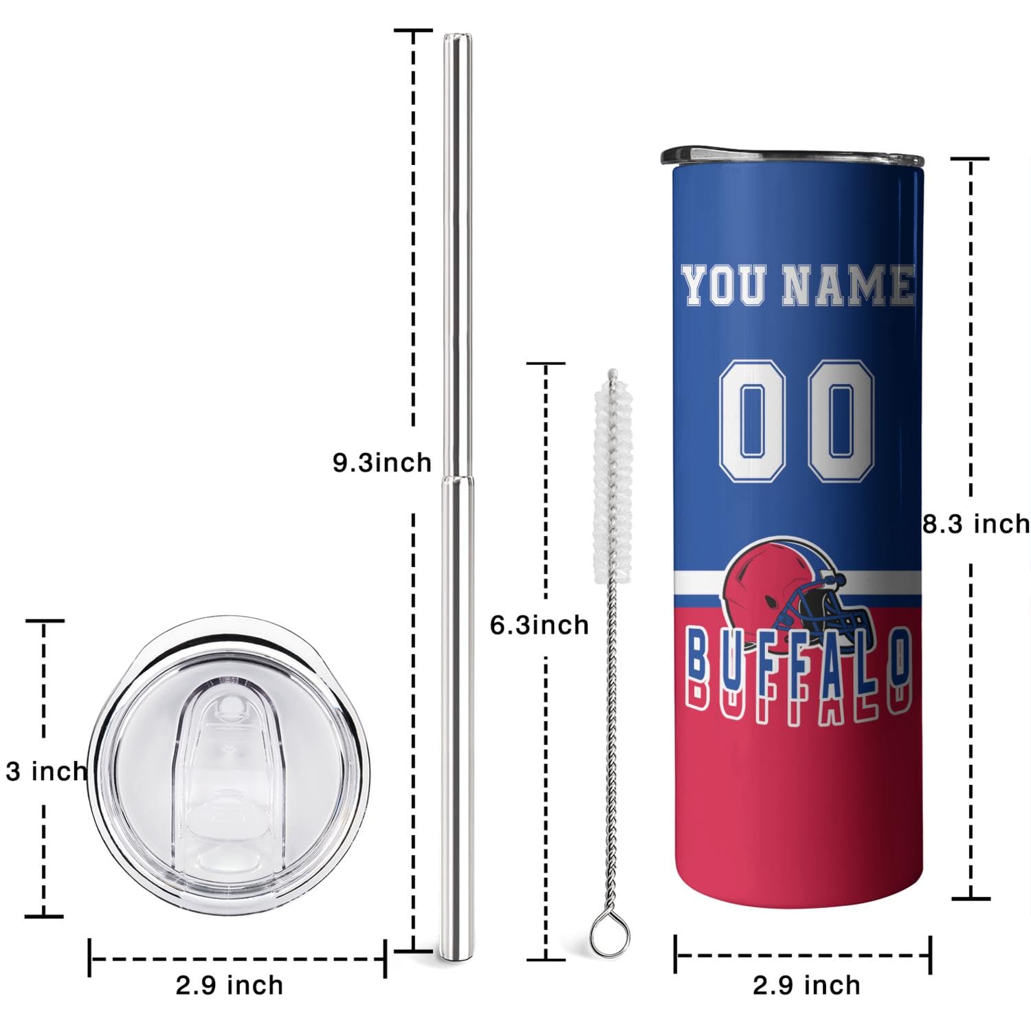 20oz Customs stainless steel Insulated tumbler with Lid and Straws, Personalized football gifts for fans, Travel Cup Adds Your Name and Number