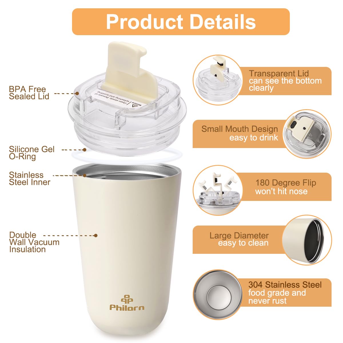 PHILORN Travel Coffee Mug, Coffee Cup-12 OZ Insulated Coffee Mug With Lid, White Stainless Steel Coffee Mug with Double Wall, Thermal Cup for Hot & Cold Drinks…