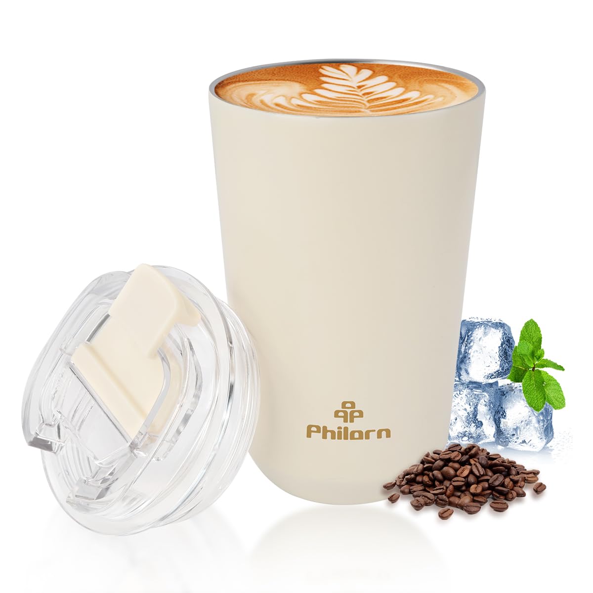 PHILORN Travel Coffee Mug, Coffee Cup-12 OZ Insulated Coffee Mug With Lid, White Stainless Steel Coffee Mug with Double Wall, Thermal Cup for Hot & Cold Drinks…