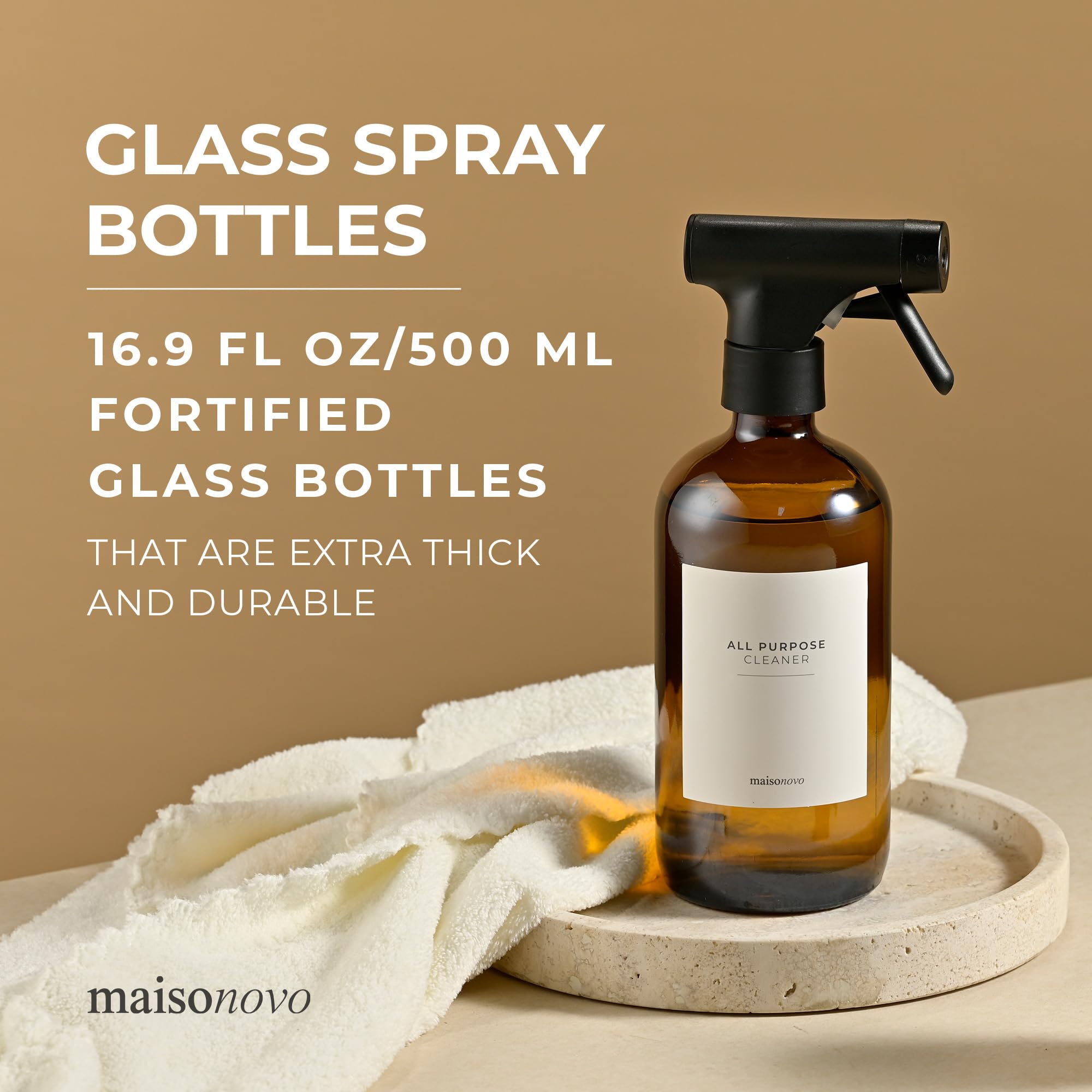 MAISONOVO Glass Spray Bottle - 16.9 fl oz Amber x 2 with 16 Labels