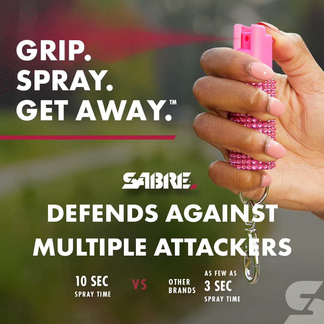SABRE Jeweled Pepper Spray, Maximum Strength, Fashionable Monochromatic Design, Quick and Easy Access Snap-Clip for Secure Attachment, Protect Against Multiple Threats with up to 10 second spray time