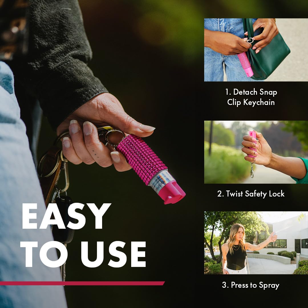 SABRE Jeweled Pepper Spray, Maximum Strength, Fashionable Monochromatic Design, Quick and Easy Access Snap-Clip for Secure Attachment, Protect Against Multiple Threats with up to 10 second spray time