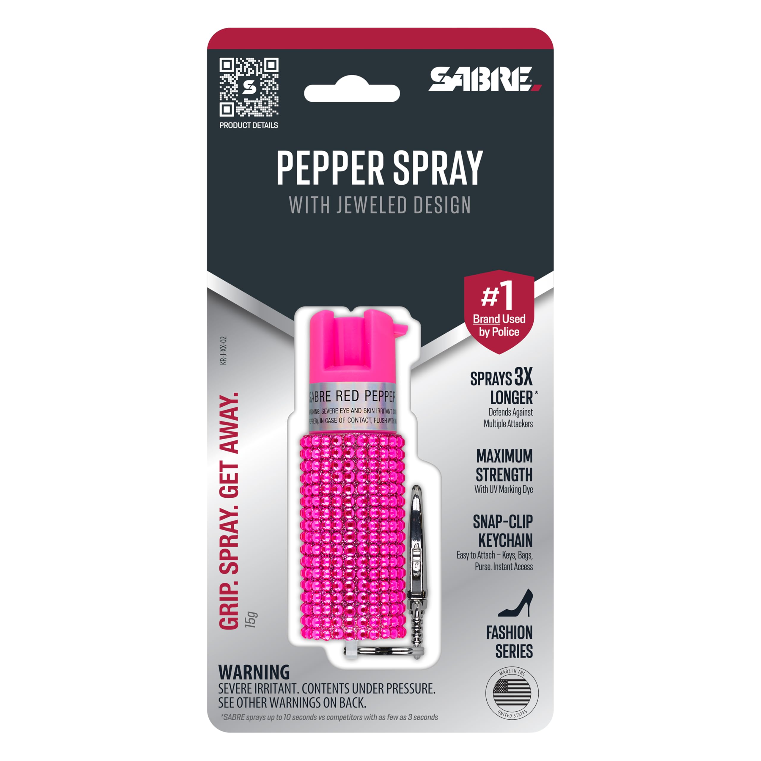 SABRE Jeweled Pepper Spray, Maximum Strength, Fashionable Monochromatic Design, Quick and Easy Access Snap-Clip for Secure Attachment, Protect Against Multiple Threats with up to 10 second spray time