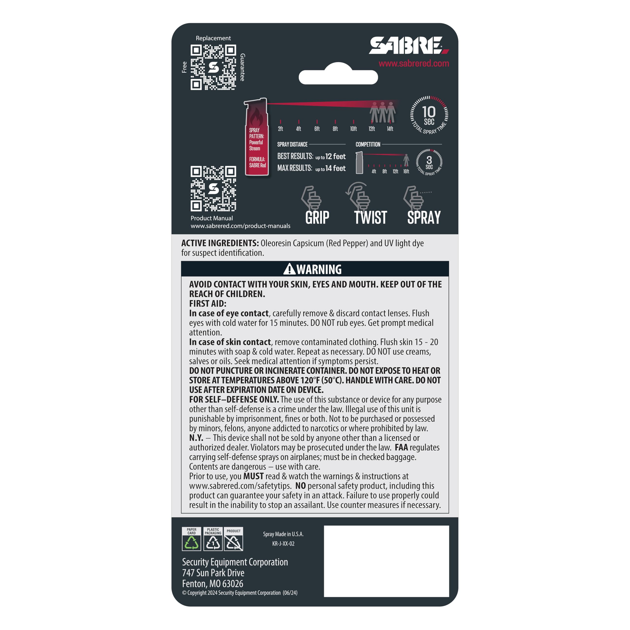 SABRE Jeweled Pepper Spray, Maximum Strength, Fashionable Monochromatic Design, Quick and Easy Access Snap-Clip for Secure Attachment, Protect Against Multiple Threats with up to 10 second spray time
