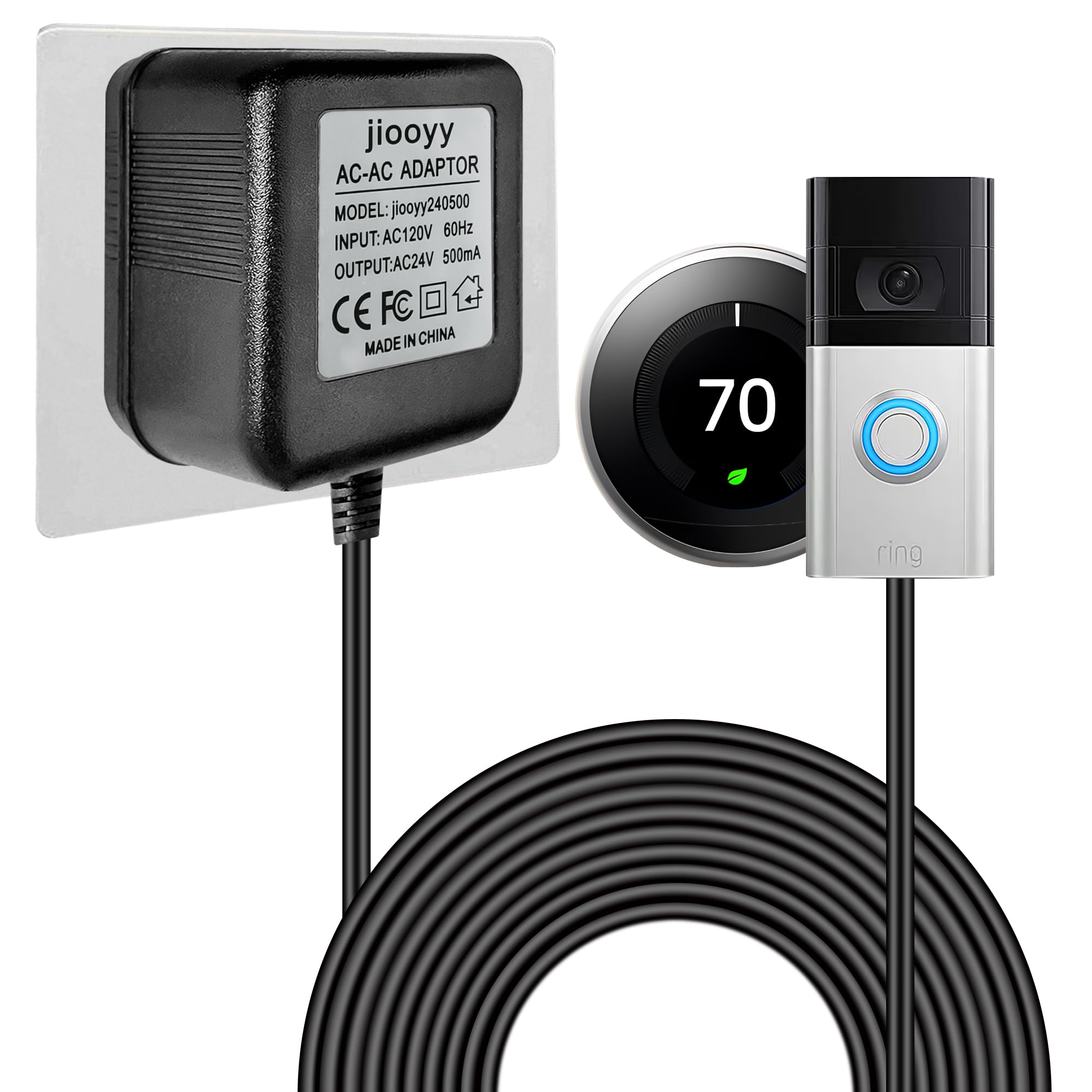 jiooyy 24V 500mA Doorbell Power Adapter - 26.2ft Long C Wire Power Supply, Doorbell Transformer Fits Ring, Nest Hello, Wyze, Eufy Video Doorbells and Ecobee,Sensi,Nest,Honeywell Thermostat(Black)