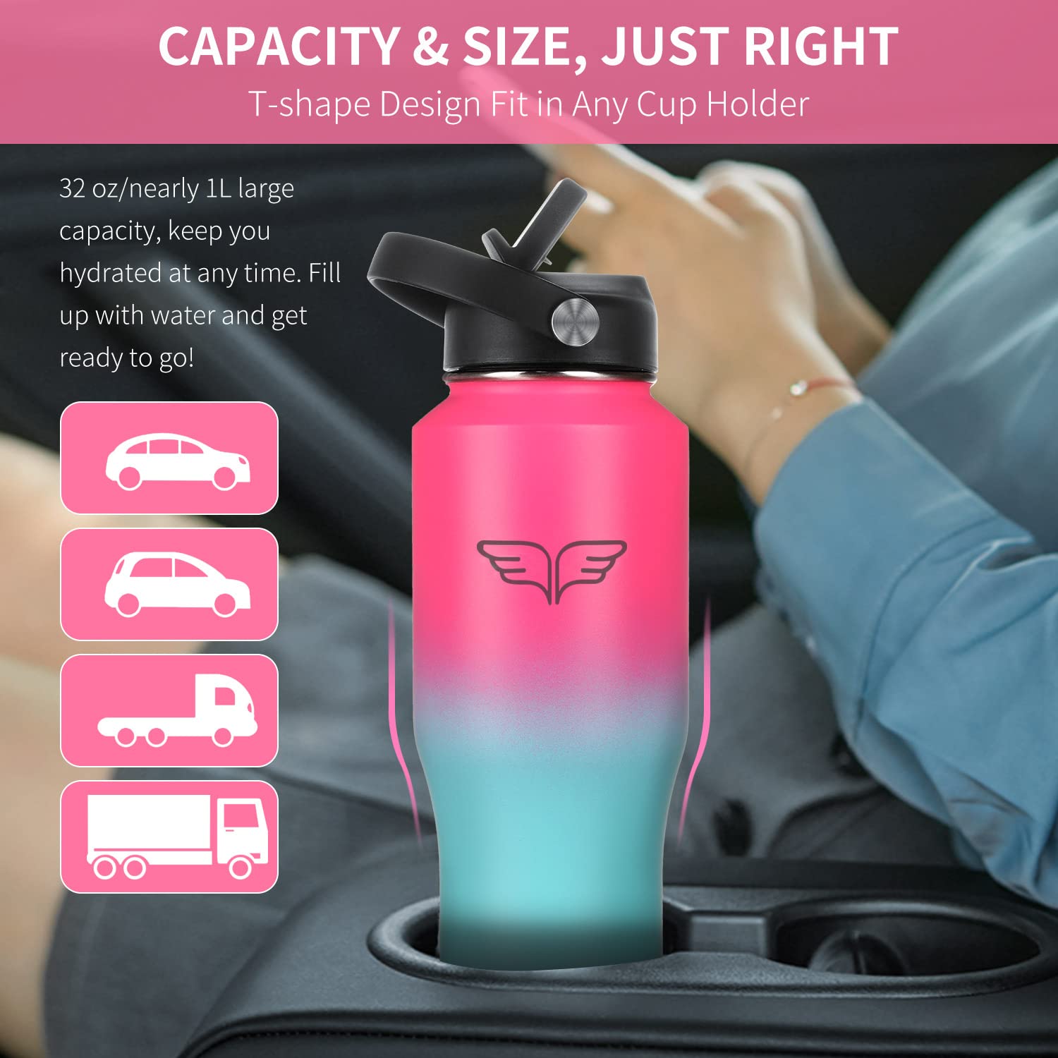 40 oz Tumbler with Straw, Insulated Water Bottle with Straw Fits in Cup Holders, Stainless Steel Travel Flask with Straw Lid Spout Cap, Leak-proof Double Wall Keep Cold for 24 Hrs, Hot for 12 Hrs