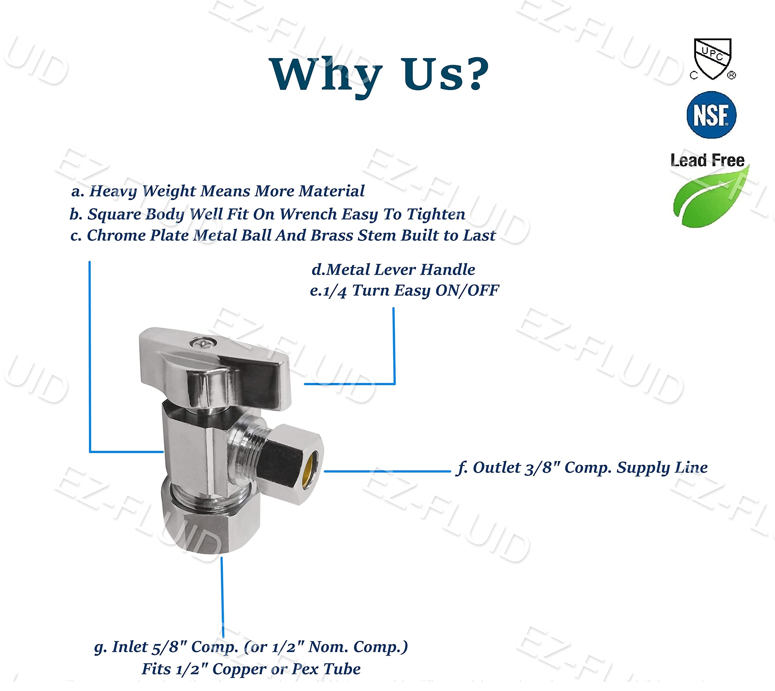 10Pcs EZ-Fluid Heavy Duty 1/2" Nom. Comp (5/8" OD Comp) x 3/8" OD Comp Squared Body Angle Stop Valve,1/4 Turn Handle,Chrome Brass Water Shut Off Ball Valve for Water Pipes,Faucet,Toilet, Sink