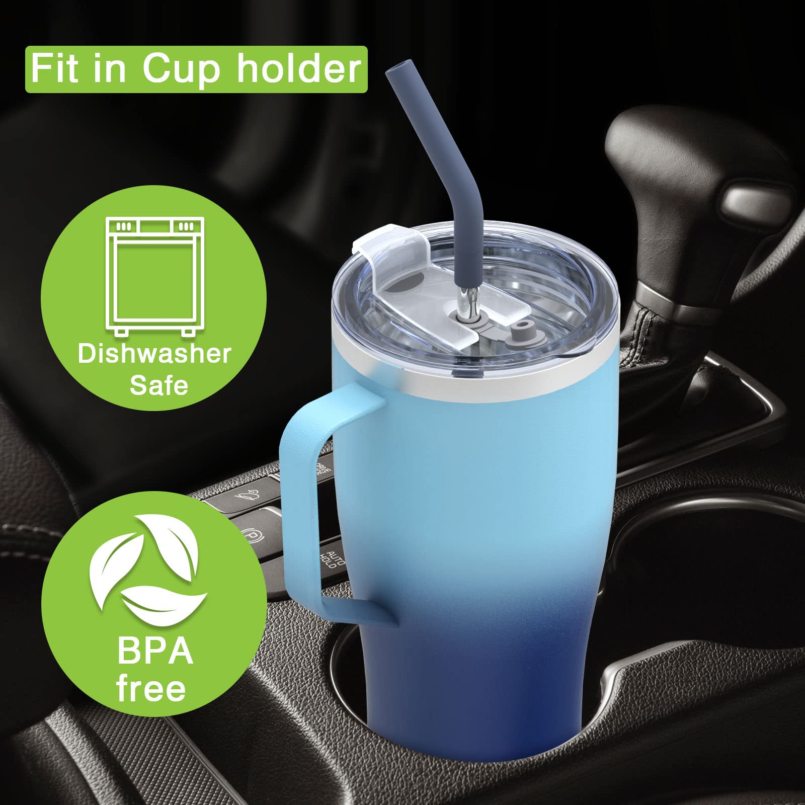 Zukro 32 oz Tumbler with Handle and Straw, No Sweat Double Wall Insulated Stainless Steel Coffee Cup with 2 Lids, Leakproof Travel Mug For Hot and Cold Drinks, Dishwasher Safe, Fit in Cupholder, Lilac