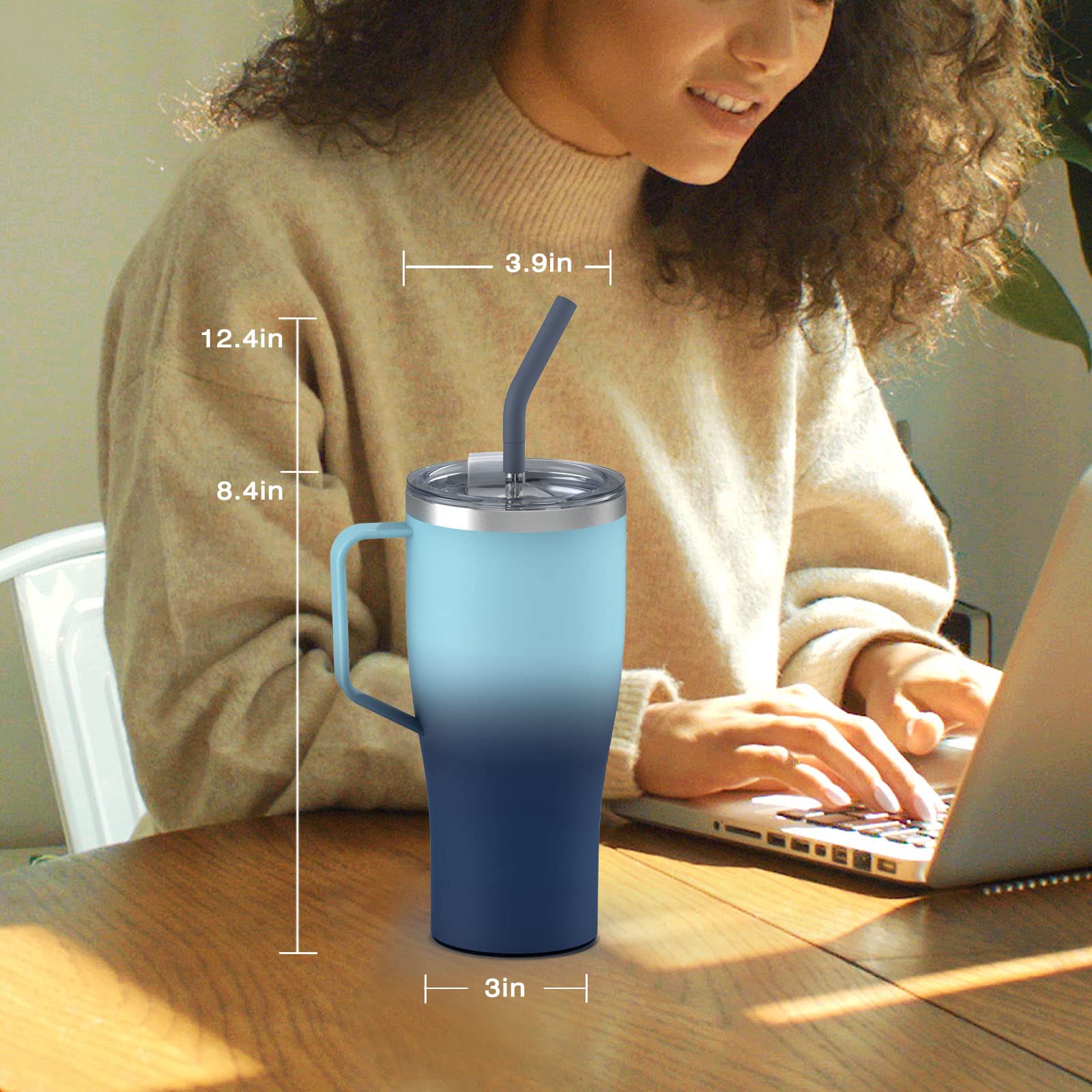 Zukro 32 oz Tumbler with Handle and Straw, No Sweat Double Wall Insulated Stainless Steel Coffee Cup with 2 Lids, Leakproof Travel Mug For Hot and Cold Drinks, Dishwasher Safe, Fit in Cupholder, Lilac