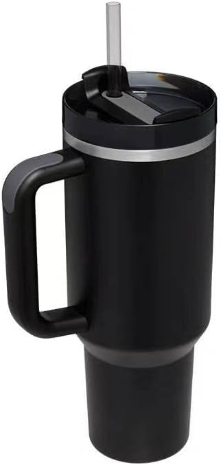 40 oz tumbler with straw lid handle, stainless steel insulated bottle, travel mug for hot and cold drinks, keeps 8 hours hot and 12 hours cold, simple and modern (Black)