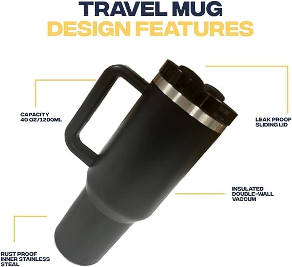 40 oz tumbler with straw lid handle, stainless steel insulated bottle, travel mug for hot and cold drinks, keeps 8 hours hot and 12 hours cold, simple and modern (White)