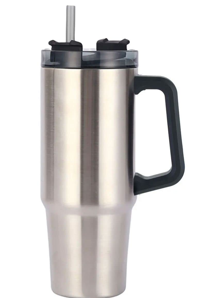 40 oz tumbler with straw lid handle, stainless steel insulated bottle, travel mug for hot and cold drinks, keeps 8 hours hot and 12 hours cold, simple and modern (Stainless Steel)