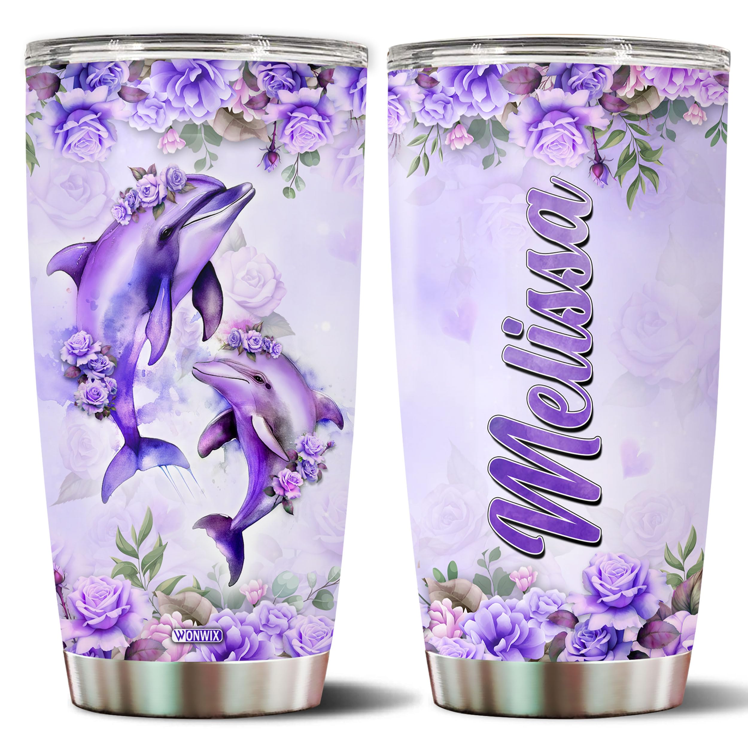 WONWIX Personalized Dolphin Tumbler Customized Name Dolphins Coffee Mug Gifts For Women Girls Custom Water Bottle Mugs 20oz Gift For Adults Christmas Birthday Insulated Stainless Steel Cup With Lid