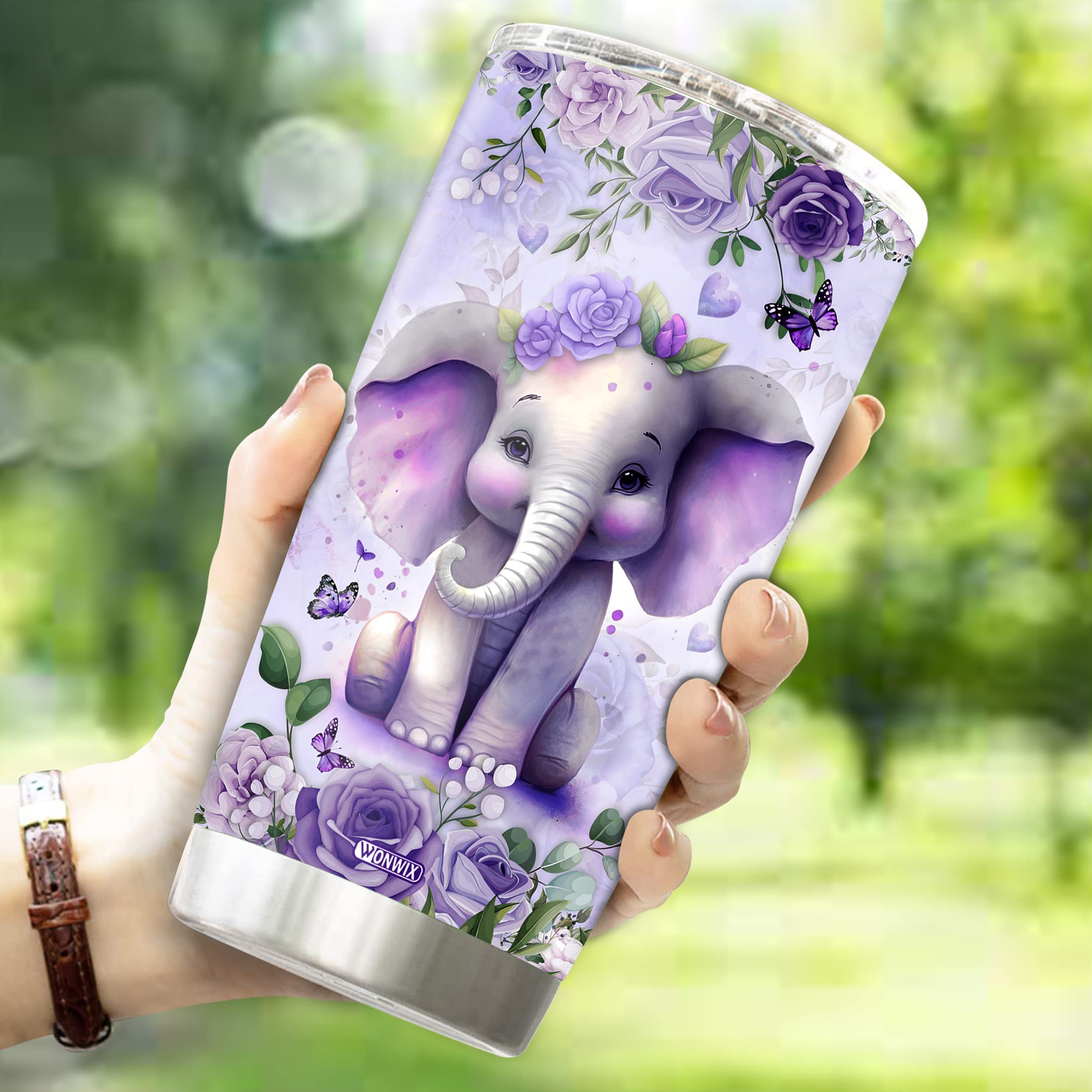 WONWIX Personalized Elephant Tumbler Customized Name Elephants Mug Gift Mugs Funny Gifts For Adults Purple Flowers Cups 20oz Insulated Stainless Steel Coffee Cup With Lid