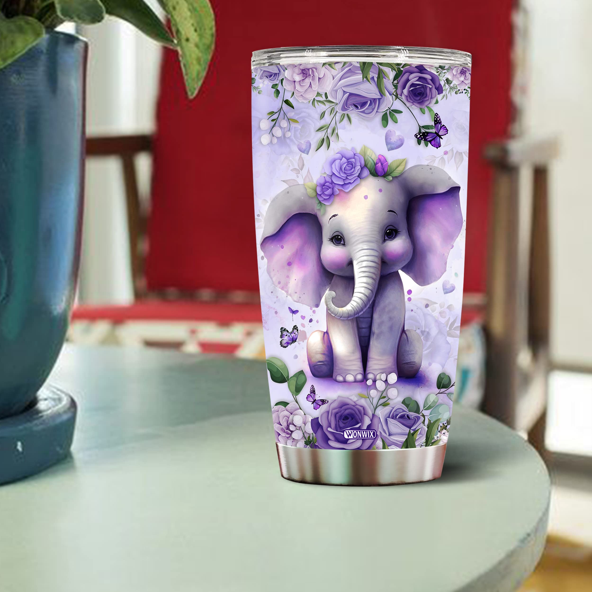 WONWIX Personalized Elephant Tumbler Customized Name Elephants Mug Gift Mugs Funny Gifts For Adults Purple Flowers Cups 20oz Insulated Stainless Steel Coffee Cup With Lid