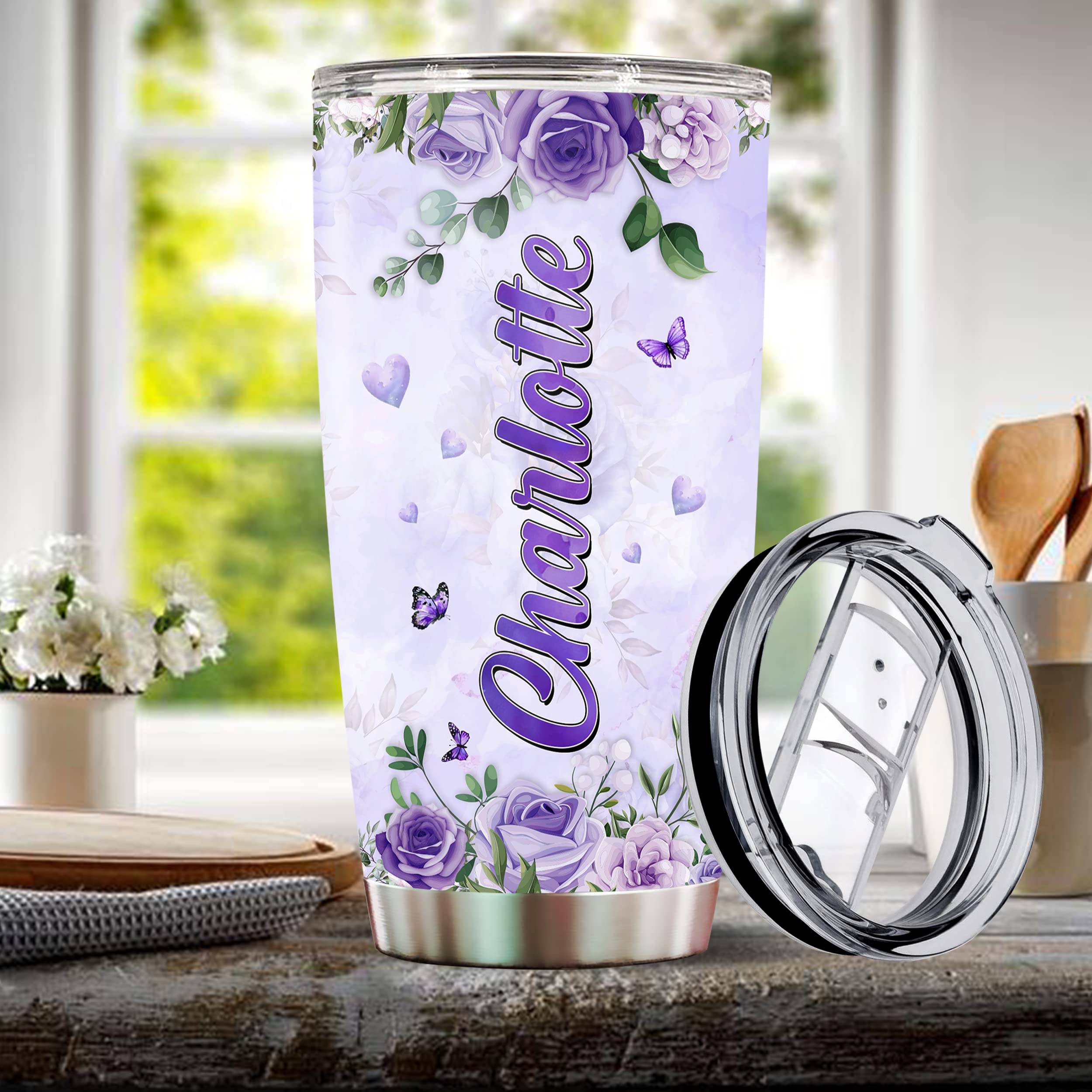WONWIX Personalized Elephant Tumbler Customized Name Elephants Mug Gift Mugs Funny Gifts For Adults Purple Flowers Cups 20oz Insulated Stainless Steel Coffee Cup With Lid