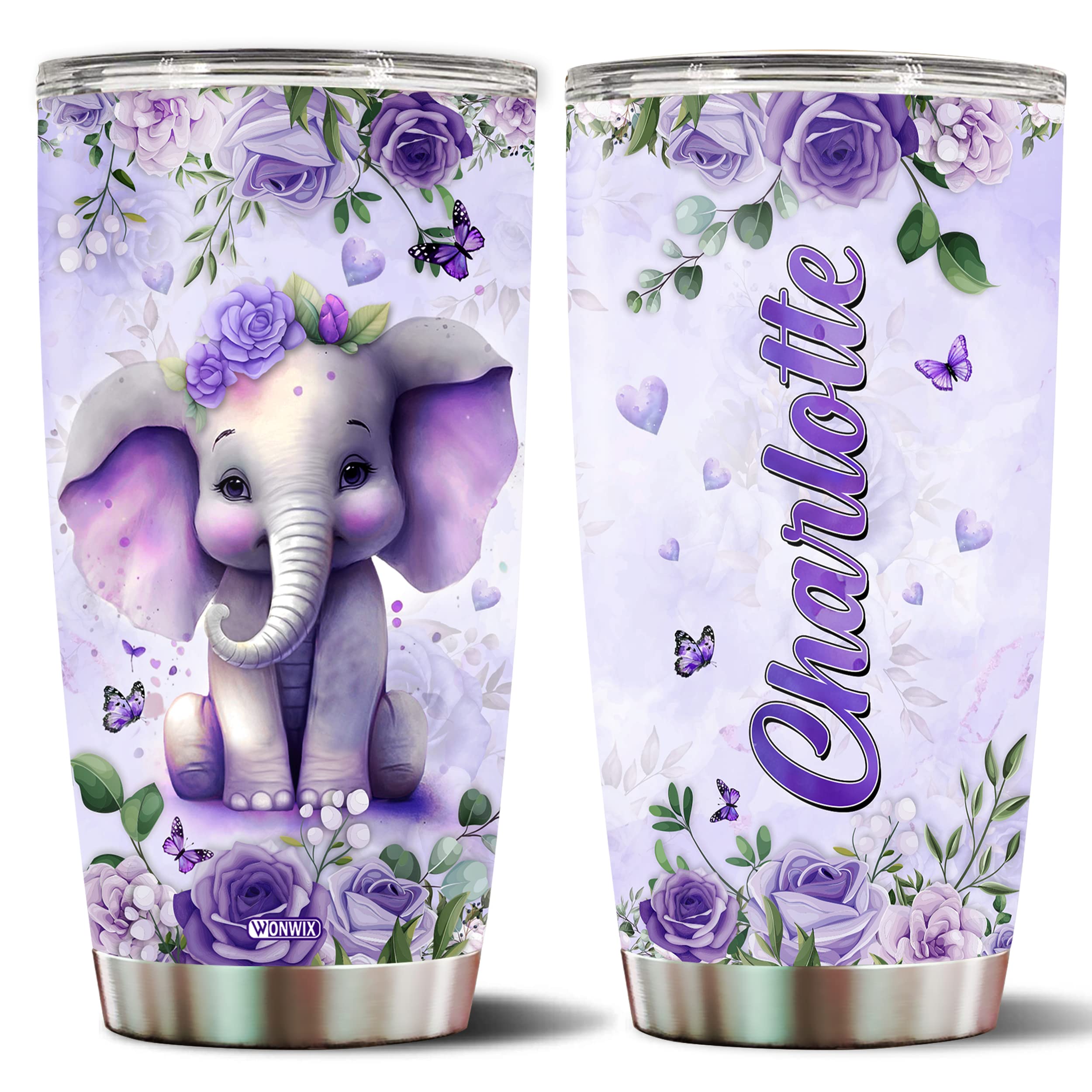 WONWIX Personalized Elephant Tumbler Customized Name Elephants Mug Gift Mugs Funny Gifts For Adults Purple Flowers Cups 20oz Insulated Stainless Steel Coffee Cup With Lid