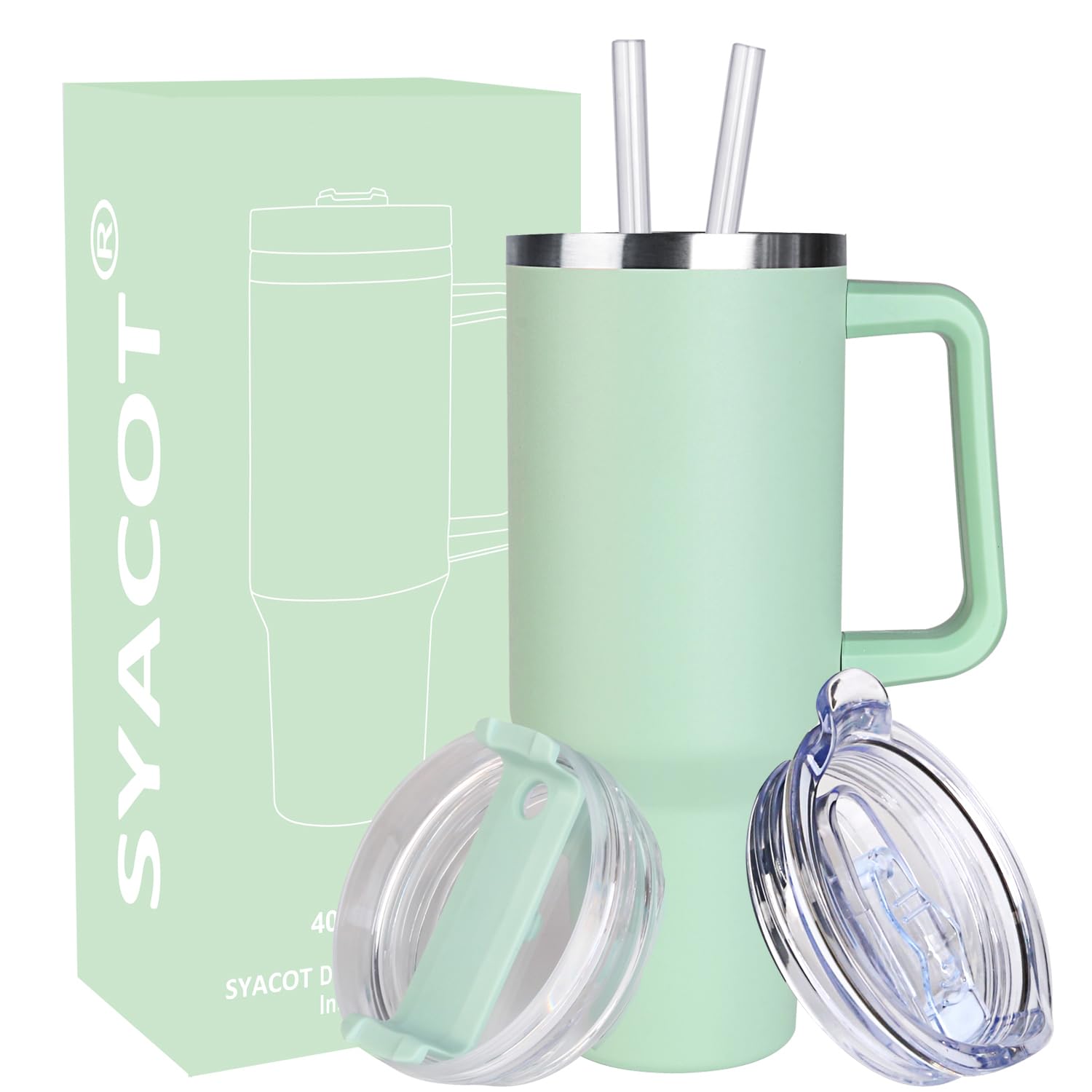 SYACOT 40 oz Tumbler with Handle and Straw Stainless Steel Insulated Tumbler Leak Proof Lid and Straw Lid Reusable Travel Mug Coffee Mug Cup Dishwasher Safe Keep Drinks Cold and Hot (Jade)