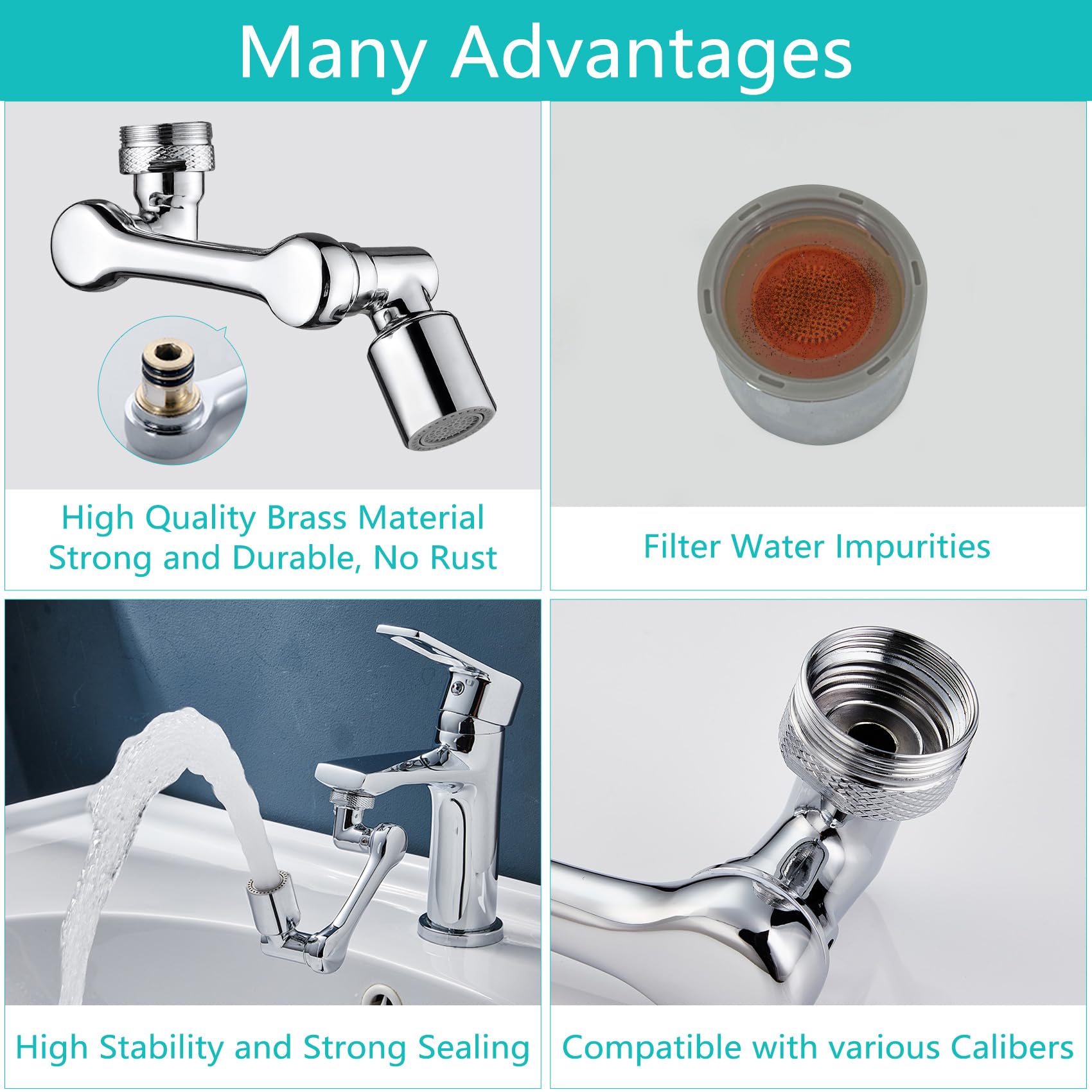 1080°Swivel Faucet Extender, Sink Water Faucet Aerator Extension in Brass, Swivel Robotic Arm Bathroom Faucet Extender, Kitchen Rotating Extension Filter with 2 Mode Splash