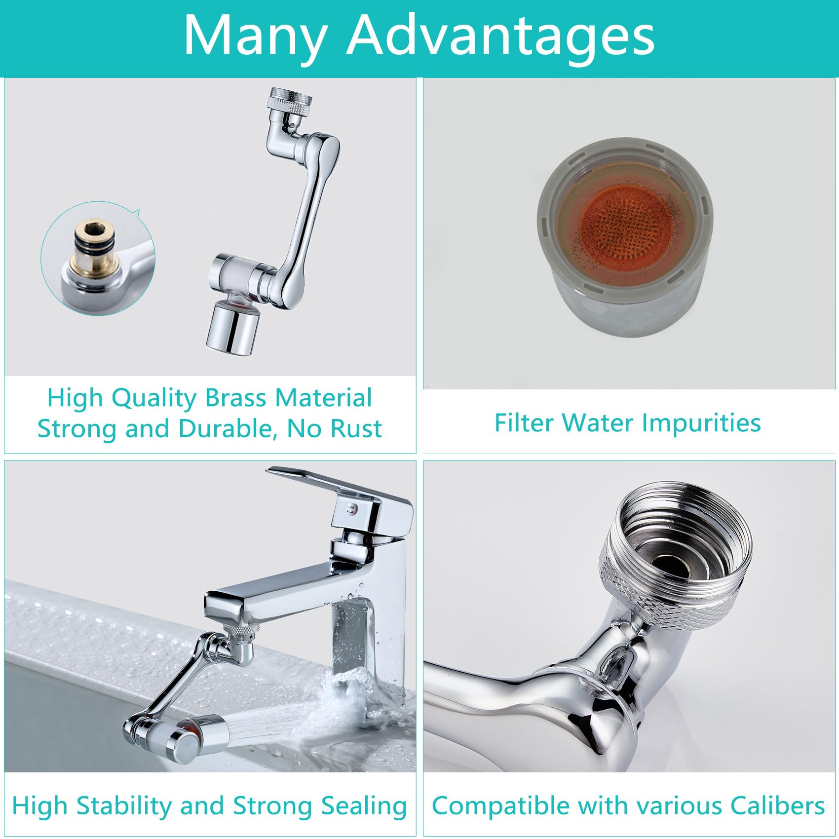 Universal 1080°Swivel Faucet Extender with Filter, Sink Water Faucet Aerator Extension in Brass, Swivel Robotic Arm Bathroom Faucet Extender, Kitchen Rotating Extension with 2 Mode Splash