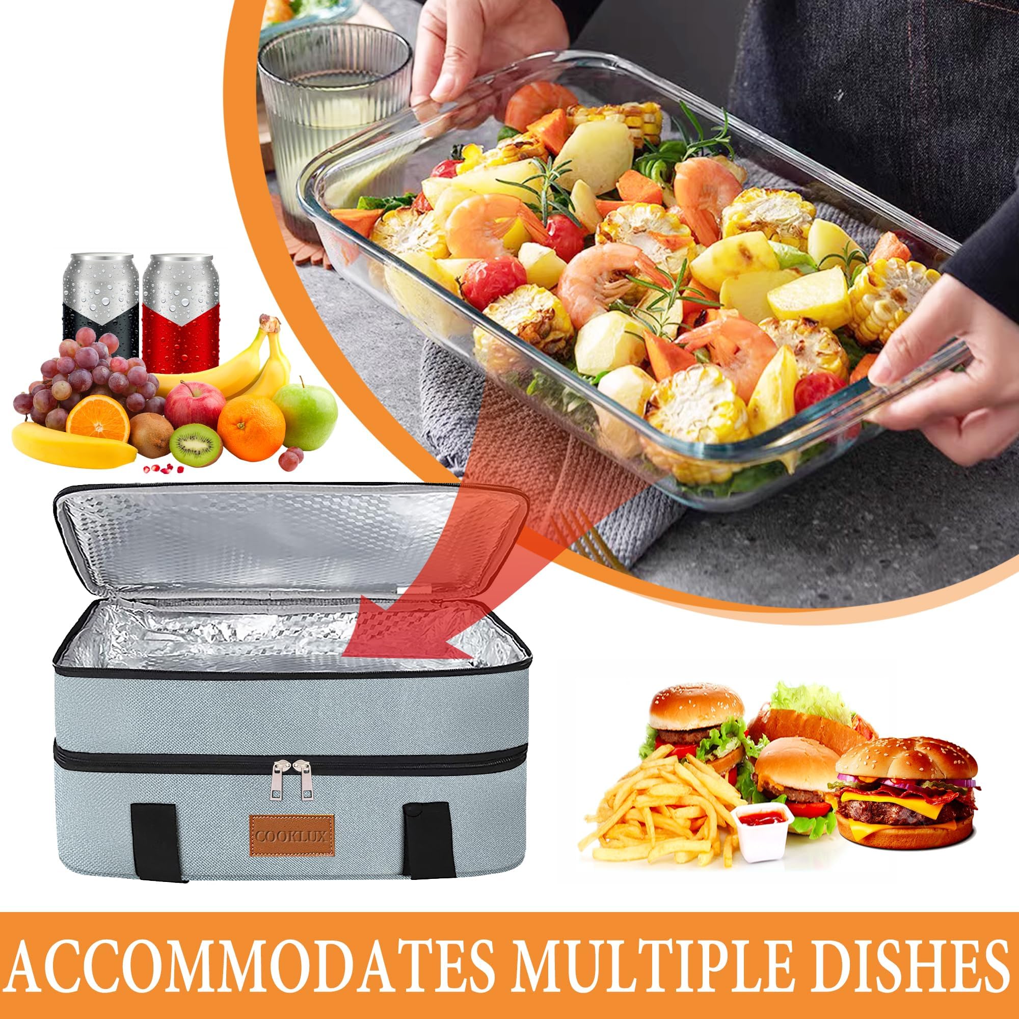 Cooklux Insulated Casserole Carrier - Double Decker Design, Food Warmer Bag for Hot&Cold Food Travel, Fits 9x13 Casserole Dish, Leak-Proof, Durable Nylon, Zip Pockets, Grey