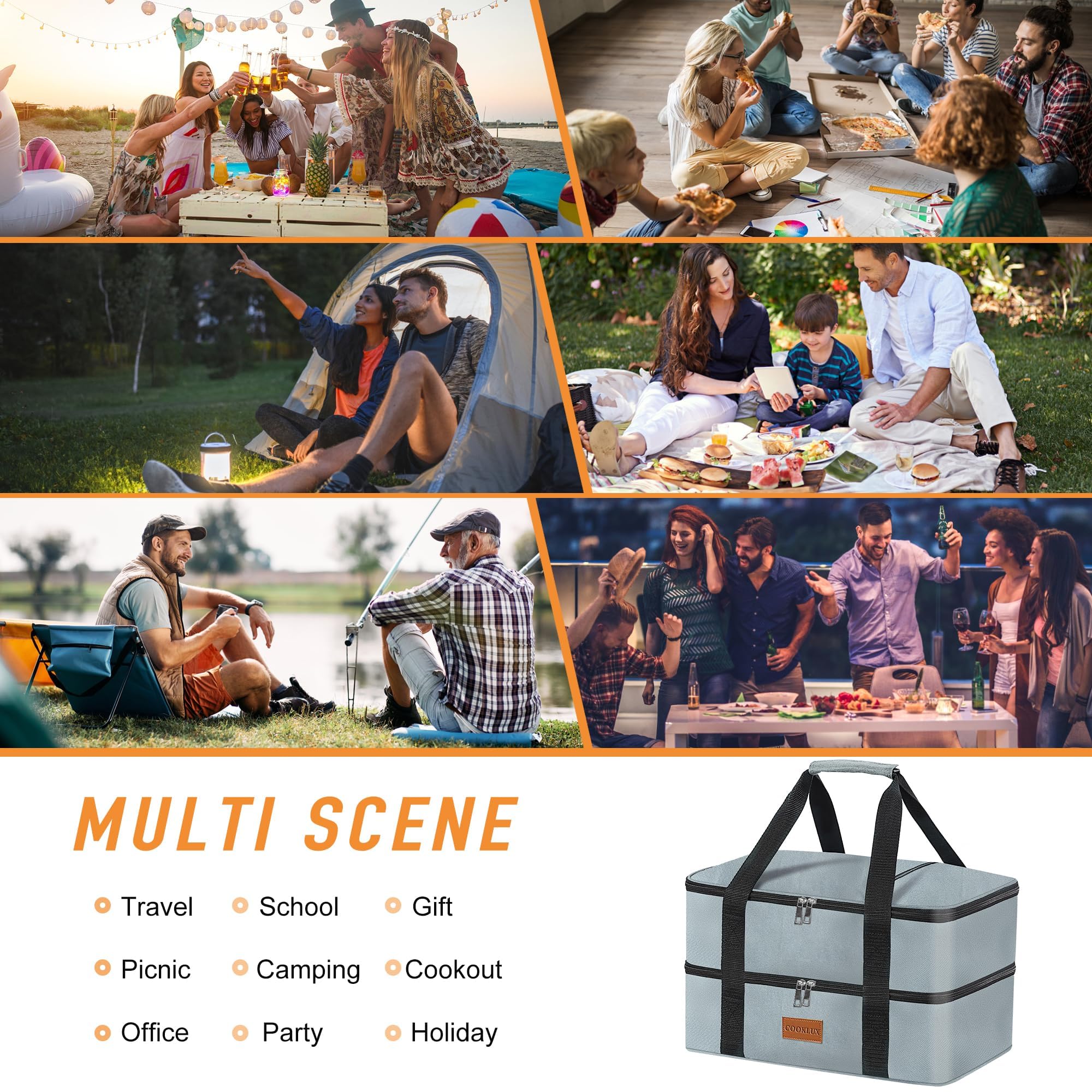 Cooklux Insulated Casserole Carrier - Double Decker Design, Food Warmer Bag for Hot&Cold Food Travel, Fits 9x13 Casserole Dish, Leak-Proof, Durable Nylon, Zip Pockets, Grey