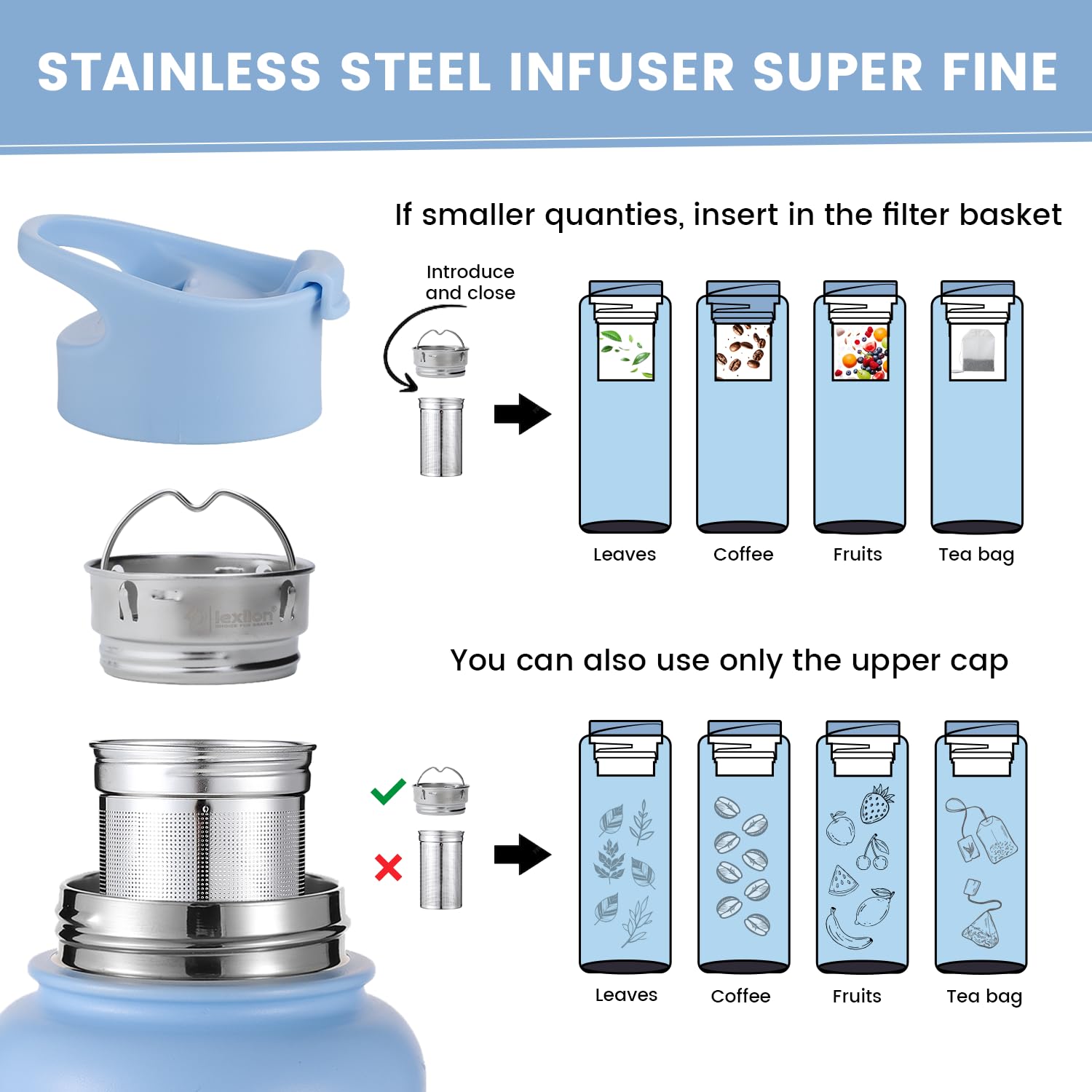 Lexlion Tea Infuser Bottle - Fruit Infuser Water Bottle 32 Oz, Triple Walled Insulated Stainless Steel Bottle, Thermal Leaf Infuser, Silicone Sleeve, 3 Lids Leakproof, Metal Mug Gallon