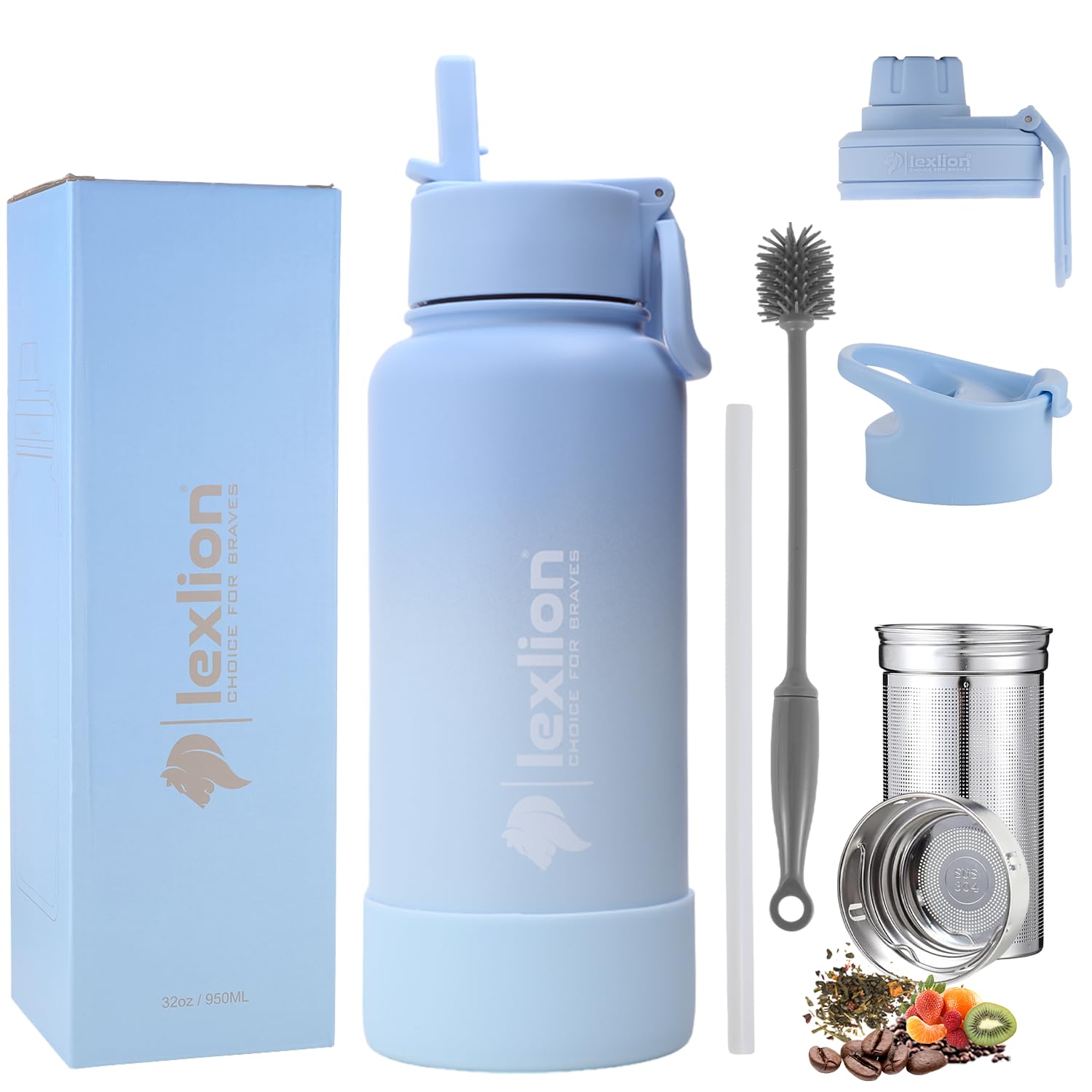 Lexlion Tea Infuser Bottle - Fruit Infuser Water Bottle 32 Oz, Triple Walled Insulated Stainless Steel Bottle, Thermal Leaf Infuser, Silicone Sleeve, 3 Lids Leakproof, Metal Mug Gallon