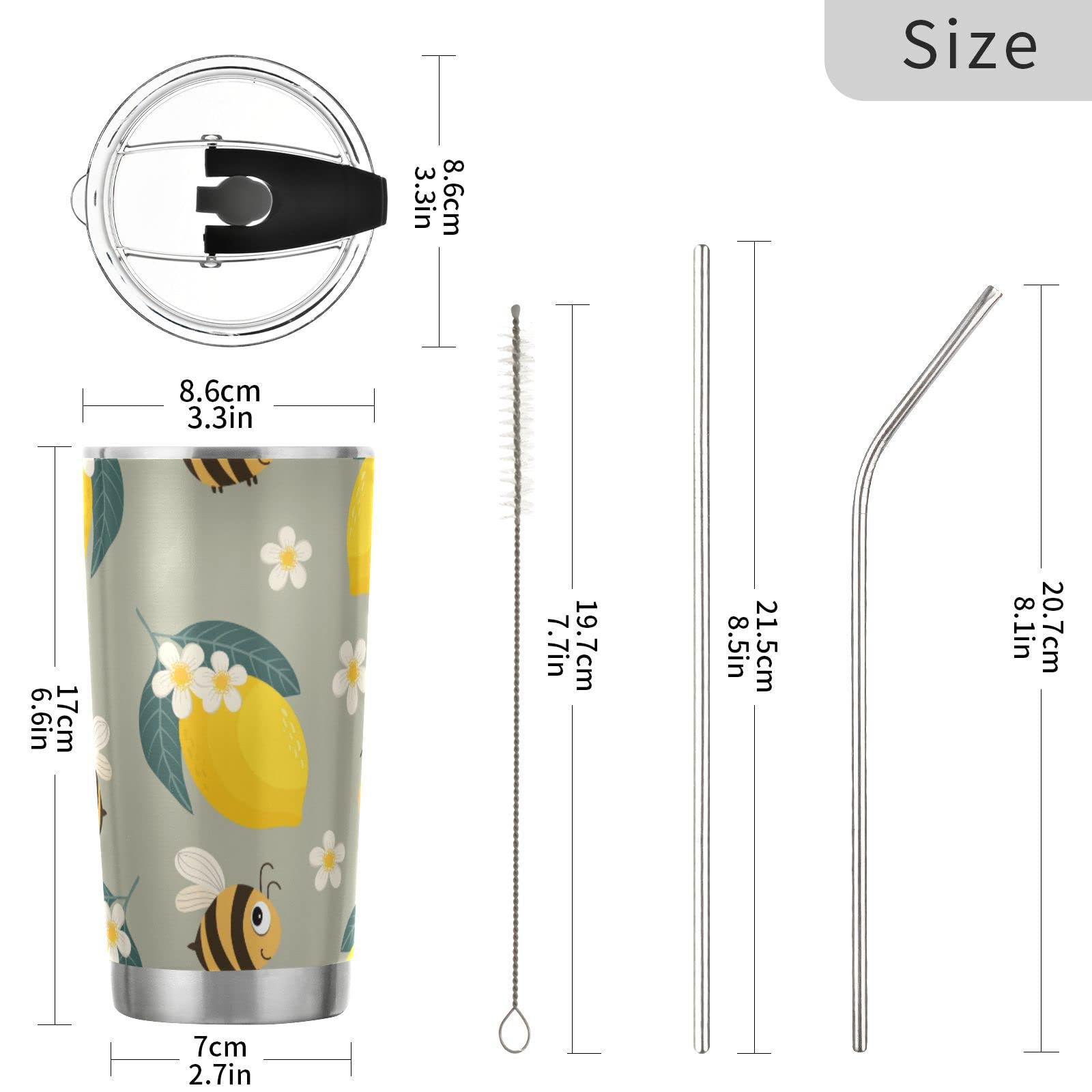 Yasala Tumbler Lemon Bee Flower Fun Insulated Coffee Cup Driver Beverage Container Office Travel Mug with Straw and Lid 20oz Back to School Gift